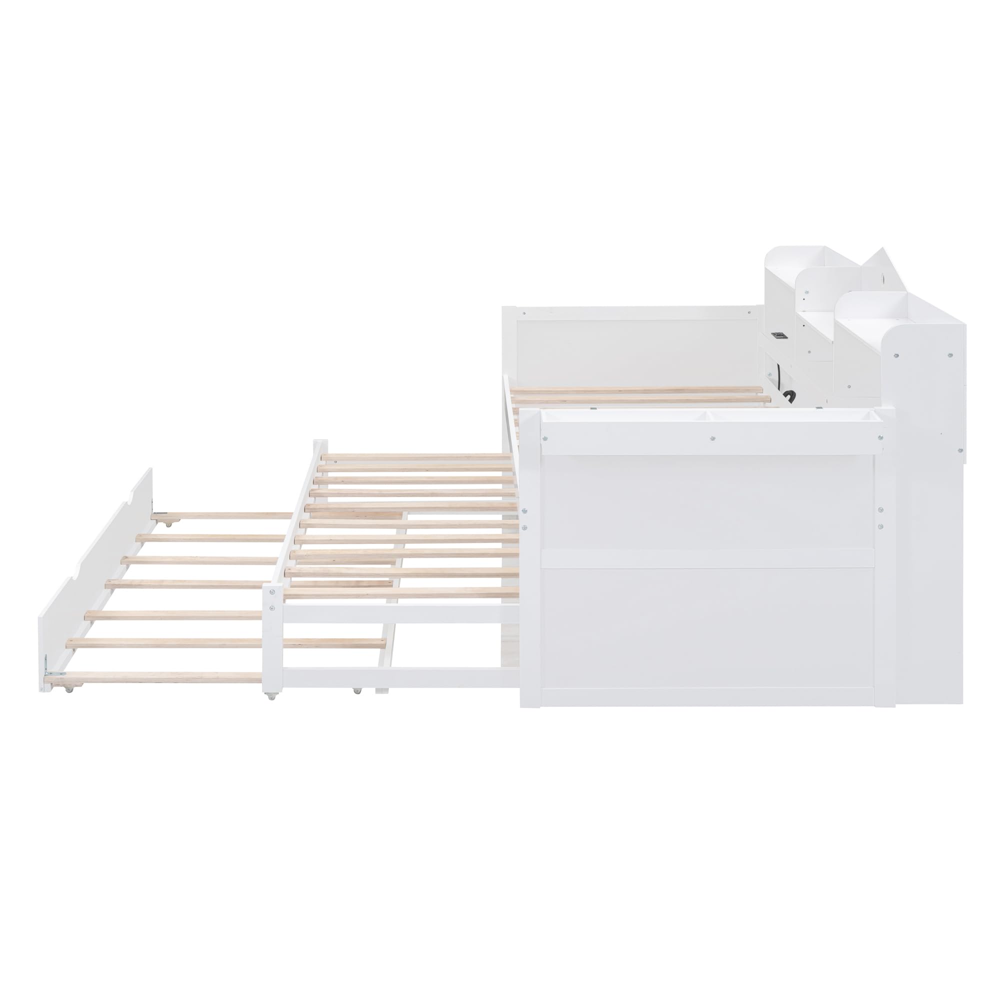 Merax Wooden Storage Shelf, Twin XL Daybed with 2 Trundle, White