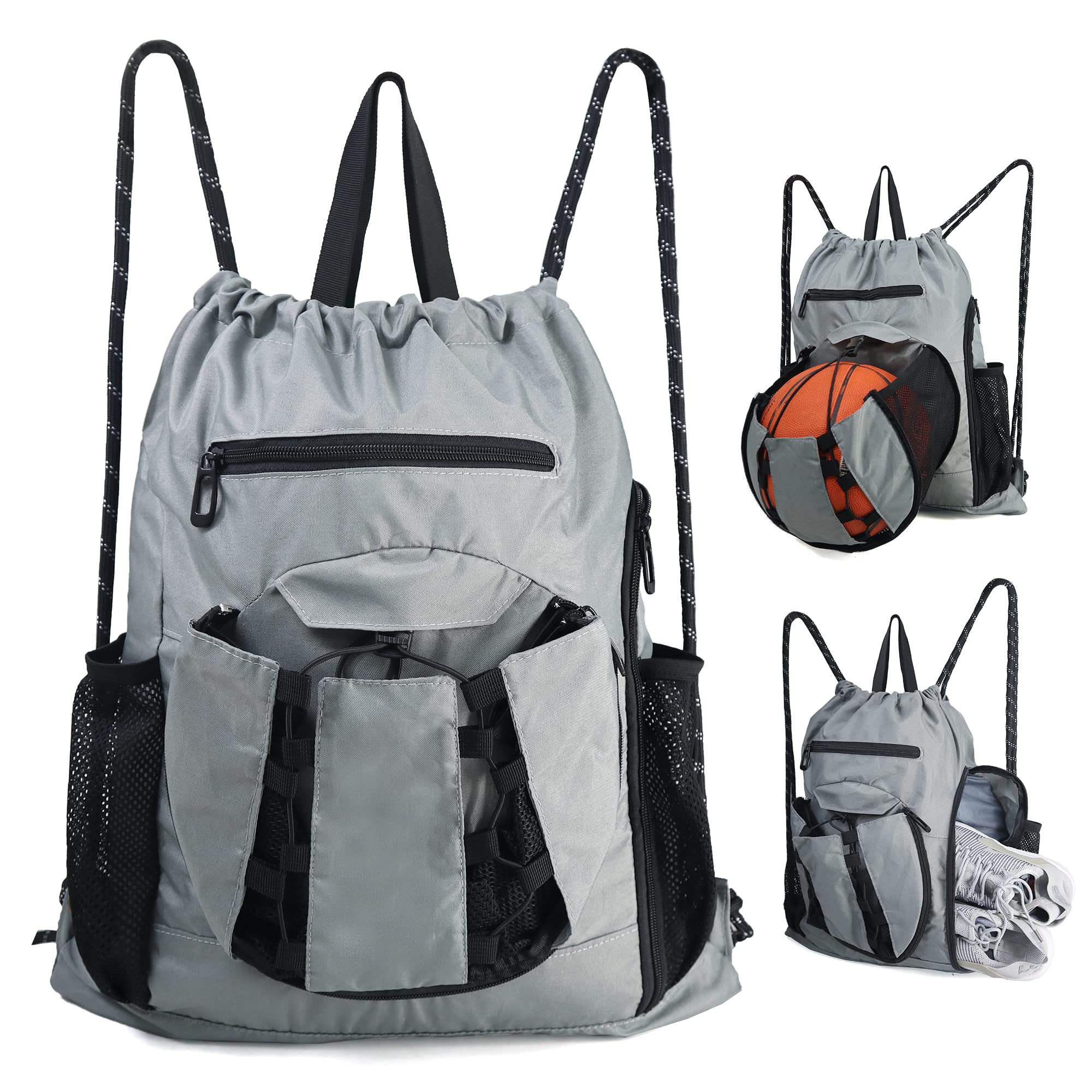 BeeGreen Grey Basketball Backpack Drawstring Backpack with Ball Holder & Shoe Compartment Sling Backpack for Soccer & Football & Volleyball, String Backpack for Dance Sports Yoga Men Women