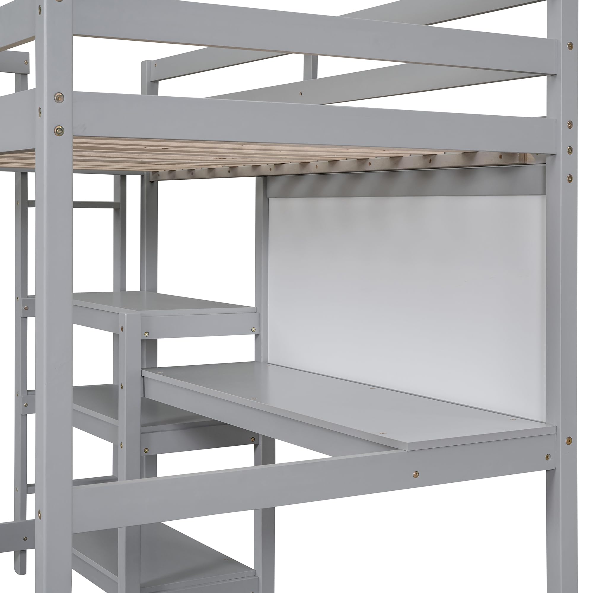 GINGVAT Twin Size Loft Bed with Desk and Shelves,Wooden Loft Bed Frame with Writing Board,for Kids Teens Boys Girls,No Spring Box Needed,Gray