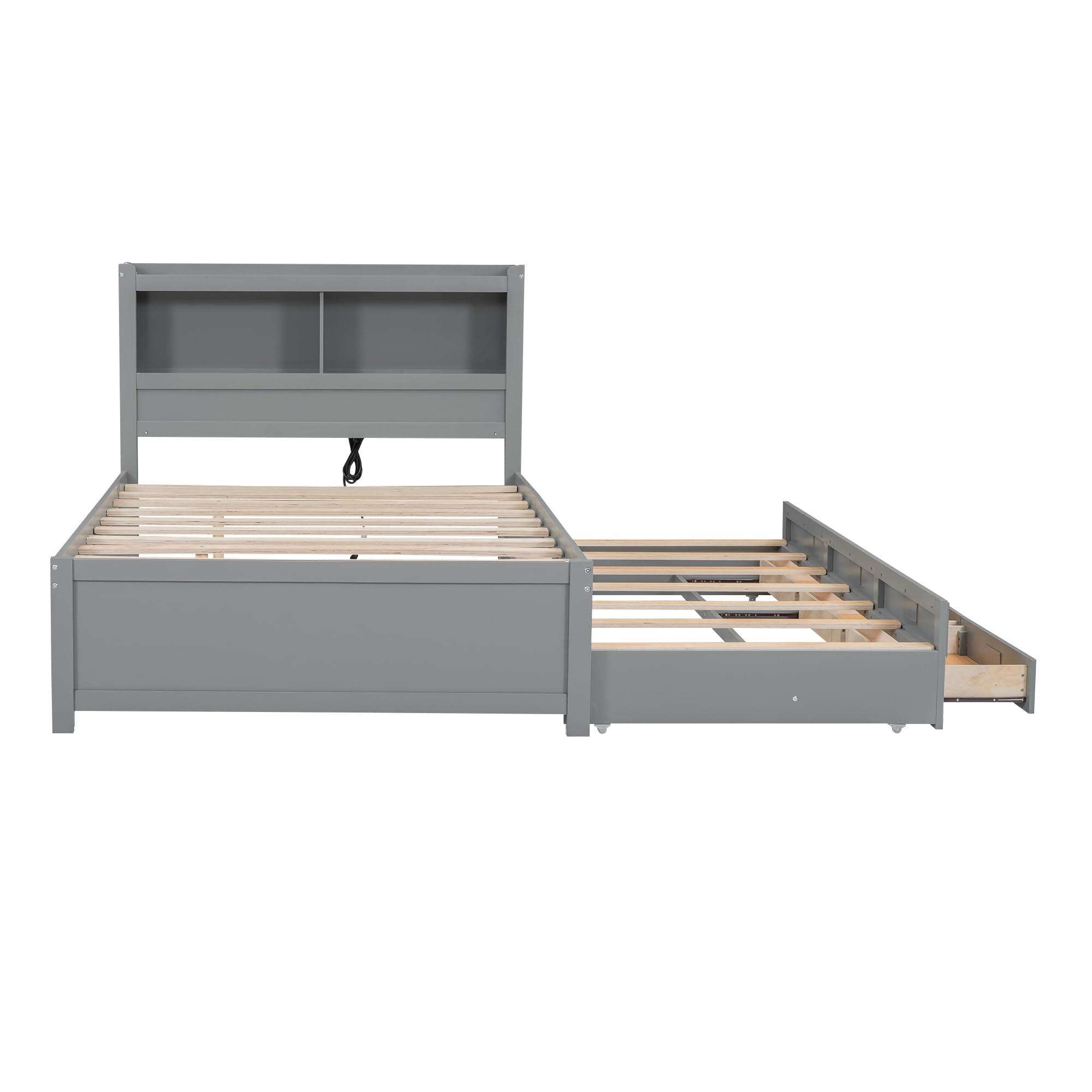 SOFTSEA Full Size Platform Bed with Trundle and Drawers, Platform Bed with Storage Headboard, Wood Bed Frame with Charging Station, Full Bed Frame with Trundle, No Box Spring Needed, Gray
