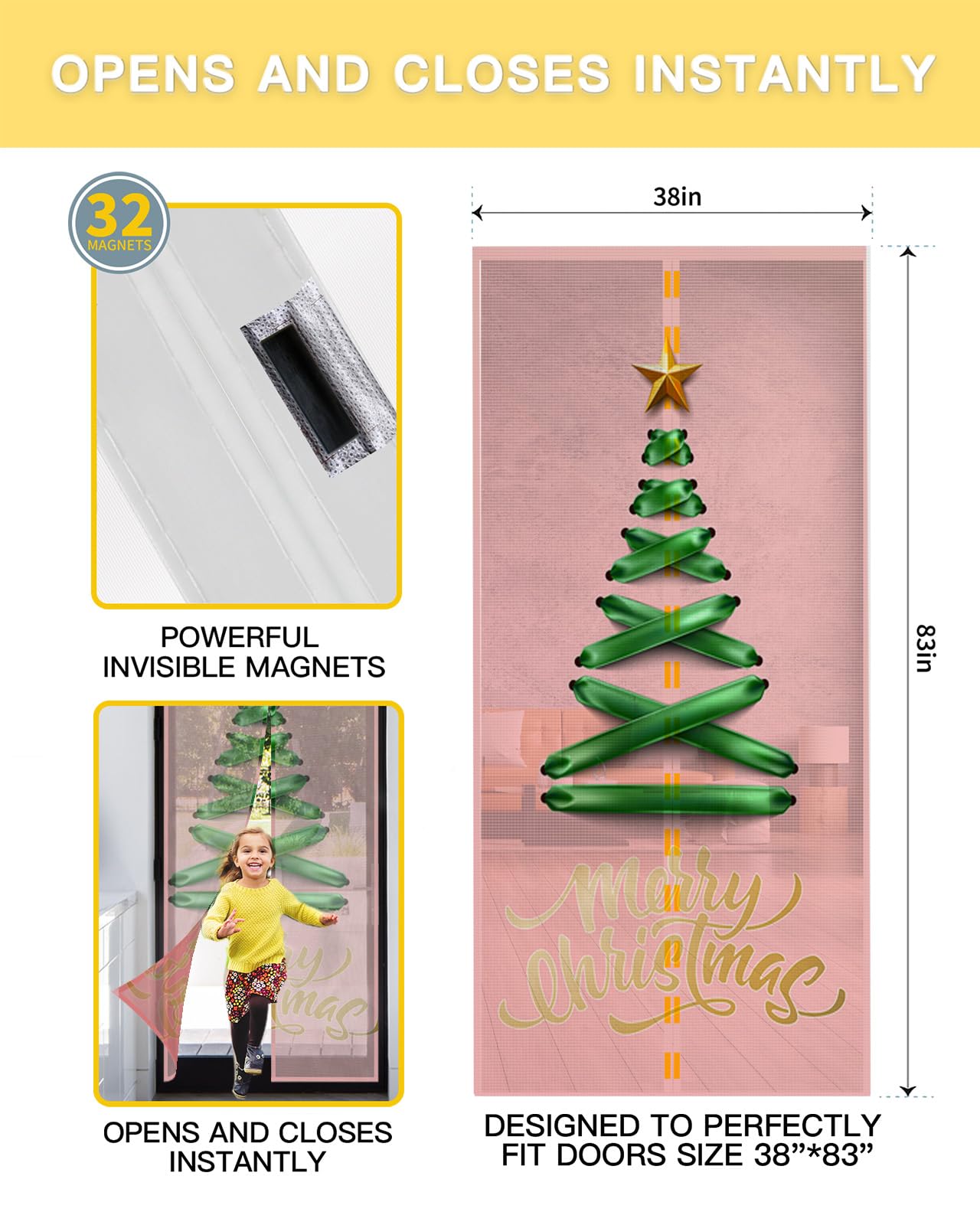 OComster Pink Christmas Tree Magnetic Screen Door, Green Xmas Tree Merry Christmas Hands Free Screen Mesh Size 38" x 83", Reinforce Heavy Duty Mesh Screen Doors for Patio/Front/Sliding Door