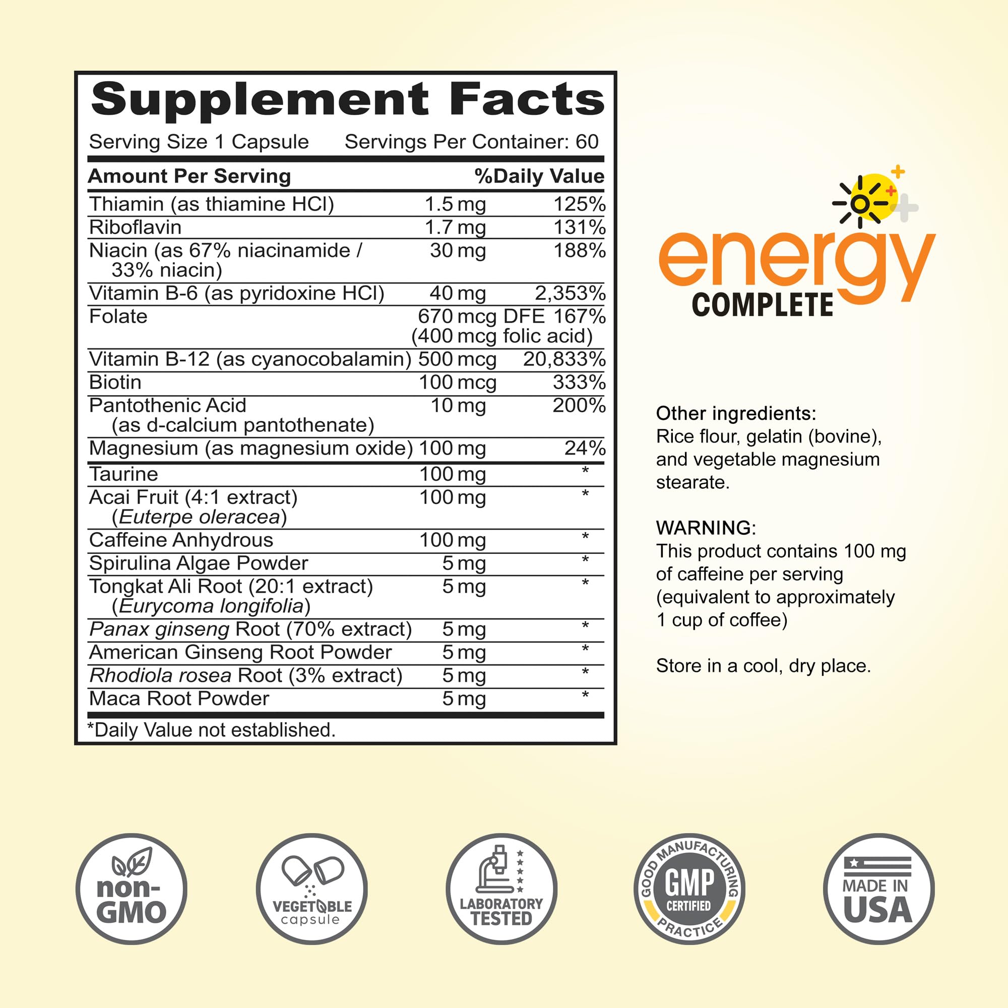 Energy Complete - 18-in-1 Vegan Energy and Focus Supplement - Vegan Caffeine Pills (60 Daily Capsules)