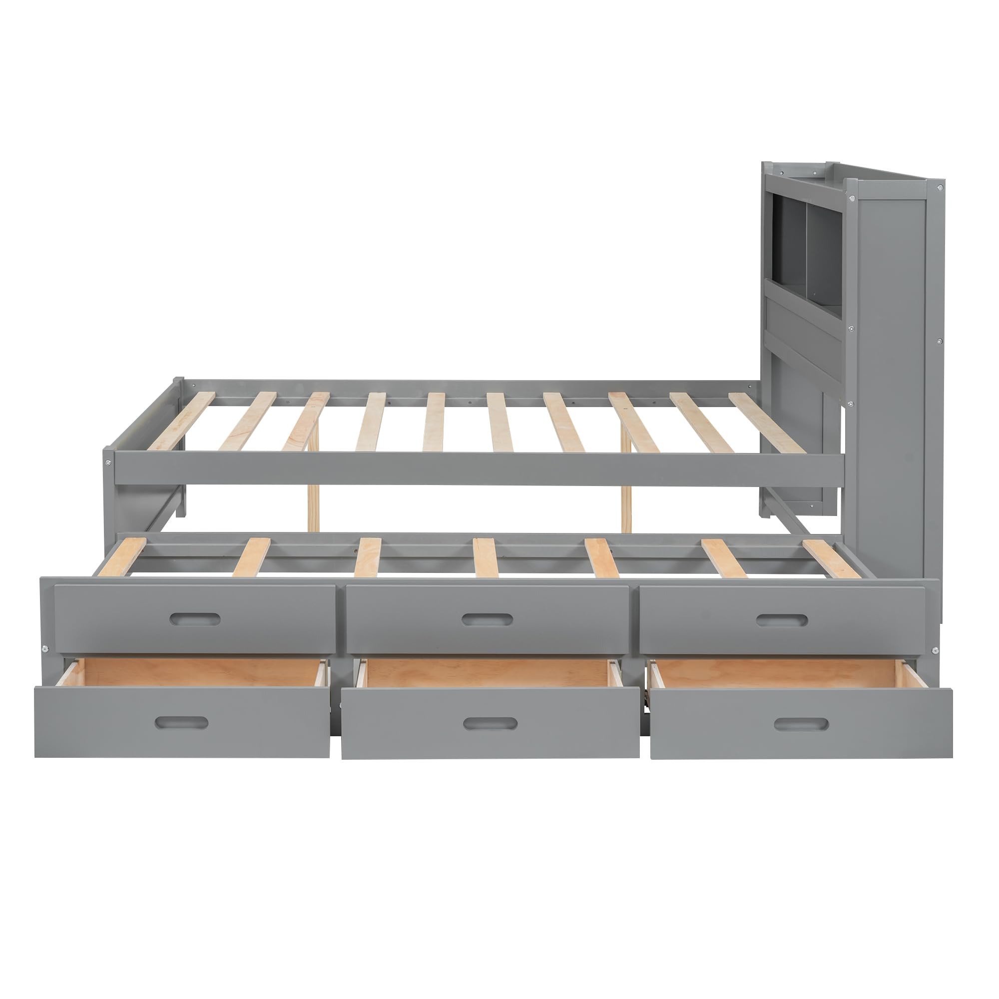 SOFTSEA Full Size Platform Bed with Trundle and Drawers, Platform Bed with Storage Headboard, Wood Bed Frame with Charging Station, Full Bed Frame with Trundle, No Box Spring Needed, Gray