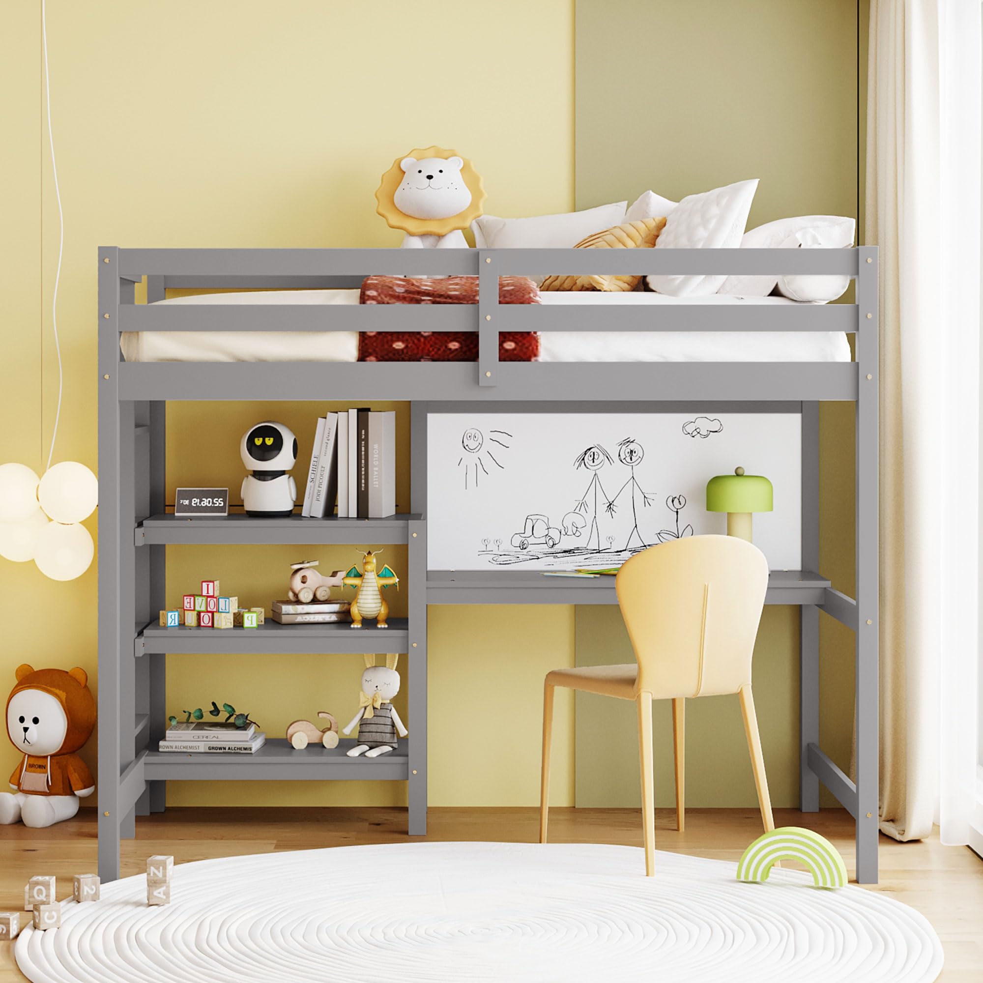GINGVAT Twin Size Loft Bed with Desk and Shelves,Wooden Loft Bed Frame with Writing Board,for Kids Teens Boys Girls,No Spring Box Needed,Gray