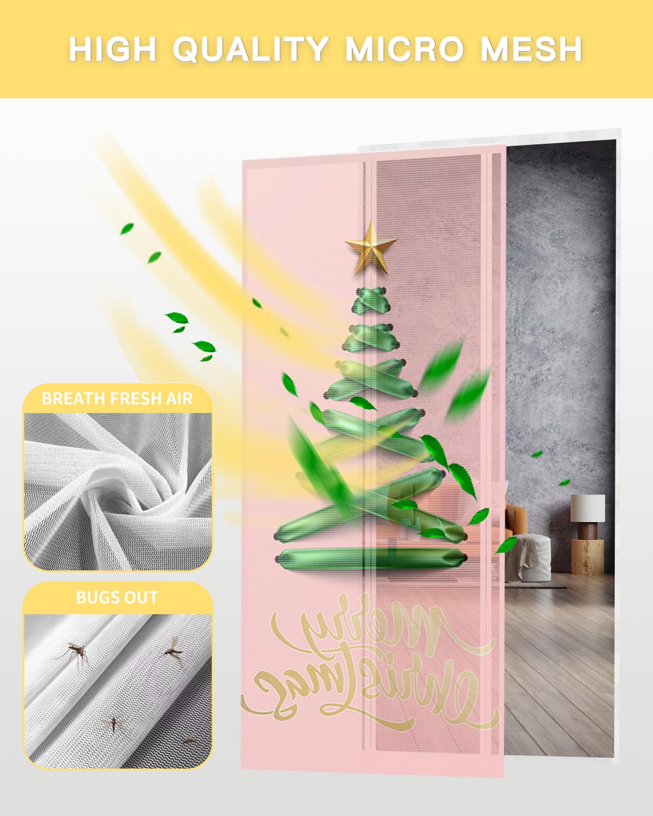 OComster Pink Christmas Tree Magnetic Screen Door, Green Xmas Tree Merry Christmas Hands Free Screen Mesh Size 38" x 83", Reinforce Heavy Duty Mesh Screen Doors for Patio/Front/Sliding Door