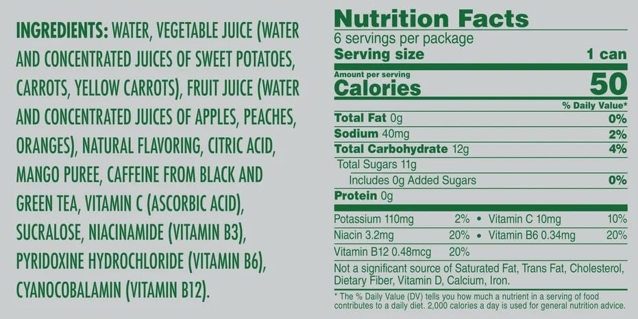 V8 +ENERGY Peach Mango Energy Drink Made with Real Vegetable and Fruit Juices, 8 FL OZ Can (2 Packs of 6 Cans)