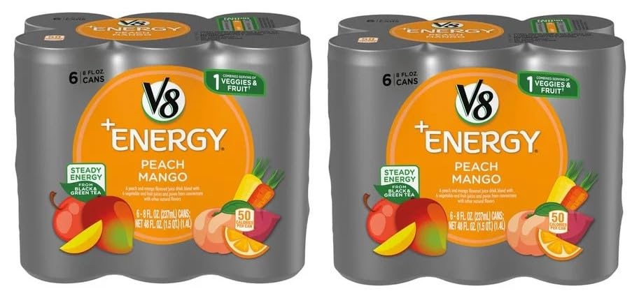V8 +ENERGY Peach Mango Energy Drink Made with Real Vegetable and Fruit Juices, 8 FL OZ Can (2 Packs of 6 Cans)
