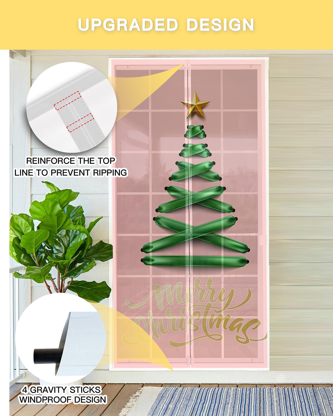 OComster Pink Christmas Tree Magnetic Screen Door, Green Xmas Tree Merry Christmas Hands Free Screen Mesh Size 38" x 83", Reinforce Heavy Duty Mesh Screen Doors for Patio/Front/Sliding Door