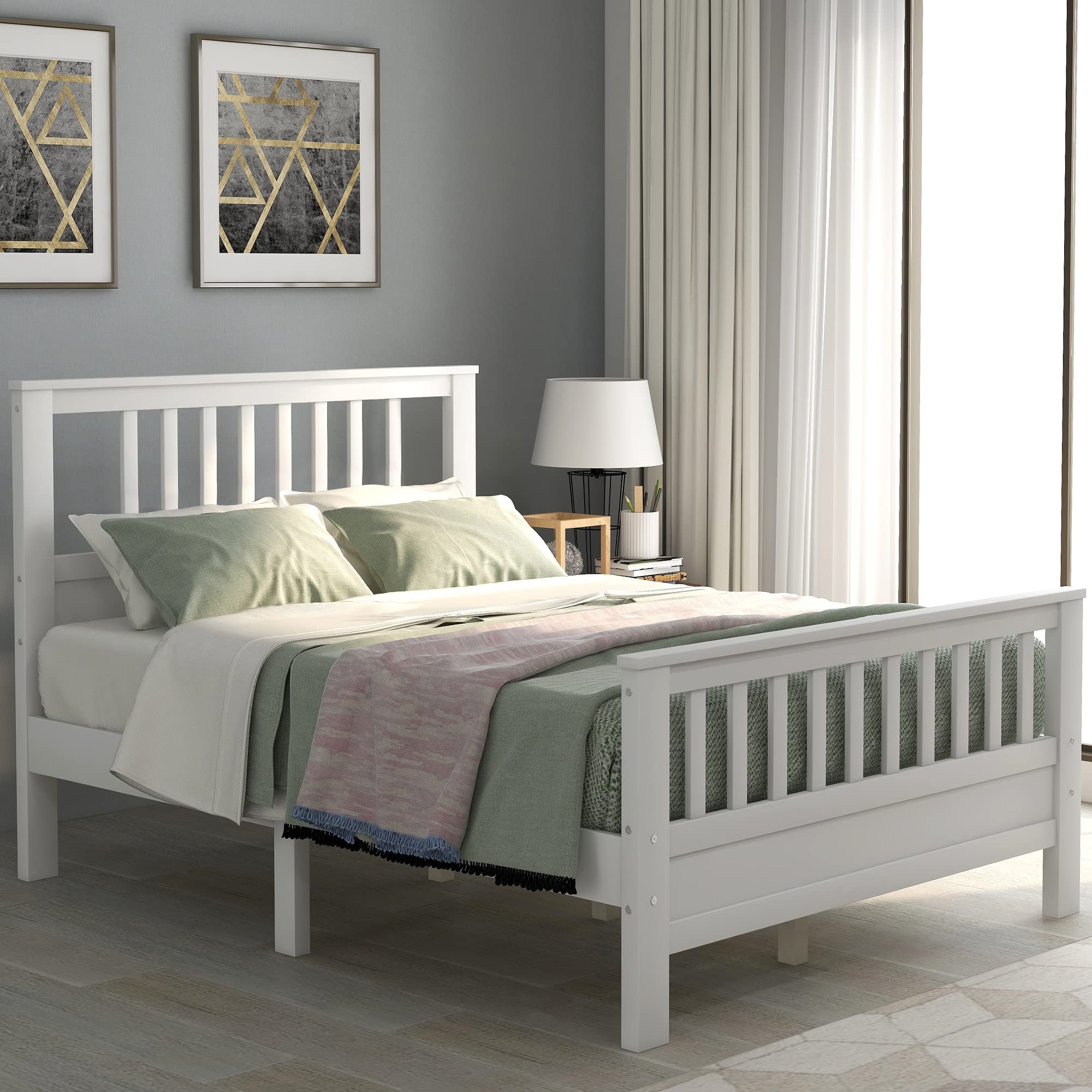 Harper & Bright Designs White Full Size Platform Bed Frame with Headboard and Footboard, Wooden Full Bed Frame with Sturdy Slat Support, Full Size Bed Frame for Bedroom, No Box Spring Needed (White)