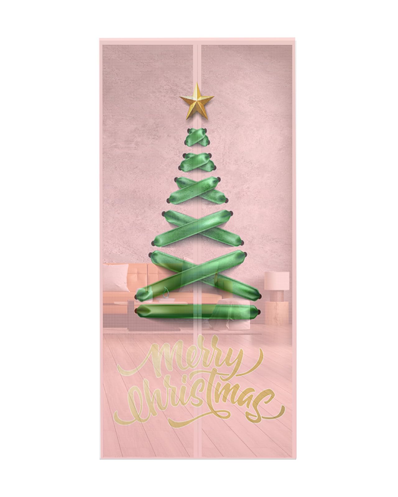 OComster Pink Christmas Tree Magnetic Screen Door, Green Xmas Tree Merry Christmas Hands Free Screen Mesh Size 38" x 83", Reinforce Heavy Duty Mesh Screen Doors for Patio/Front/Sliding Door