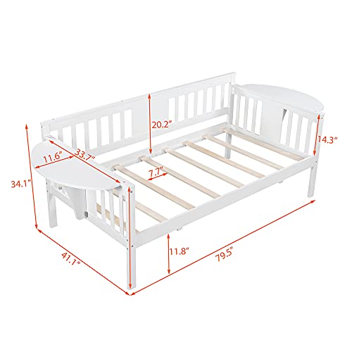 EPESTOEC Twin Size Daybed with Foldable Shelves on Both Sides,Wooden Sofa Bed for Bedroom Living Room/Apartment/Guest Room/Bedroom, White
