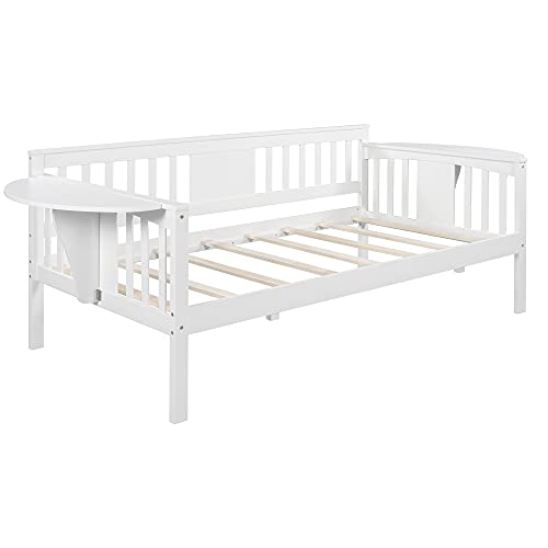 EPESTOEC Twin Size Daybed with Foldable Shelves on Both Sides,Wooden Sofa Bed for Bedroom Living Room/Apartment/Guest Room/Bedroom, White