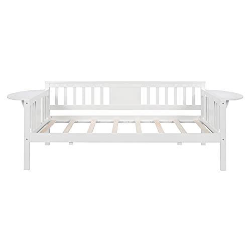 EPESTOEC Twin Size Daybed with Foldable Shelves on Both Sides,Wooden Sofa Bed for Bedroom Living Room/Apartment/Guest Room/Bedroom, White