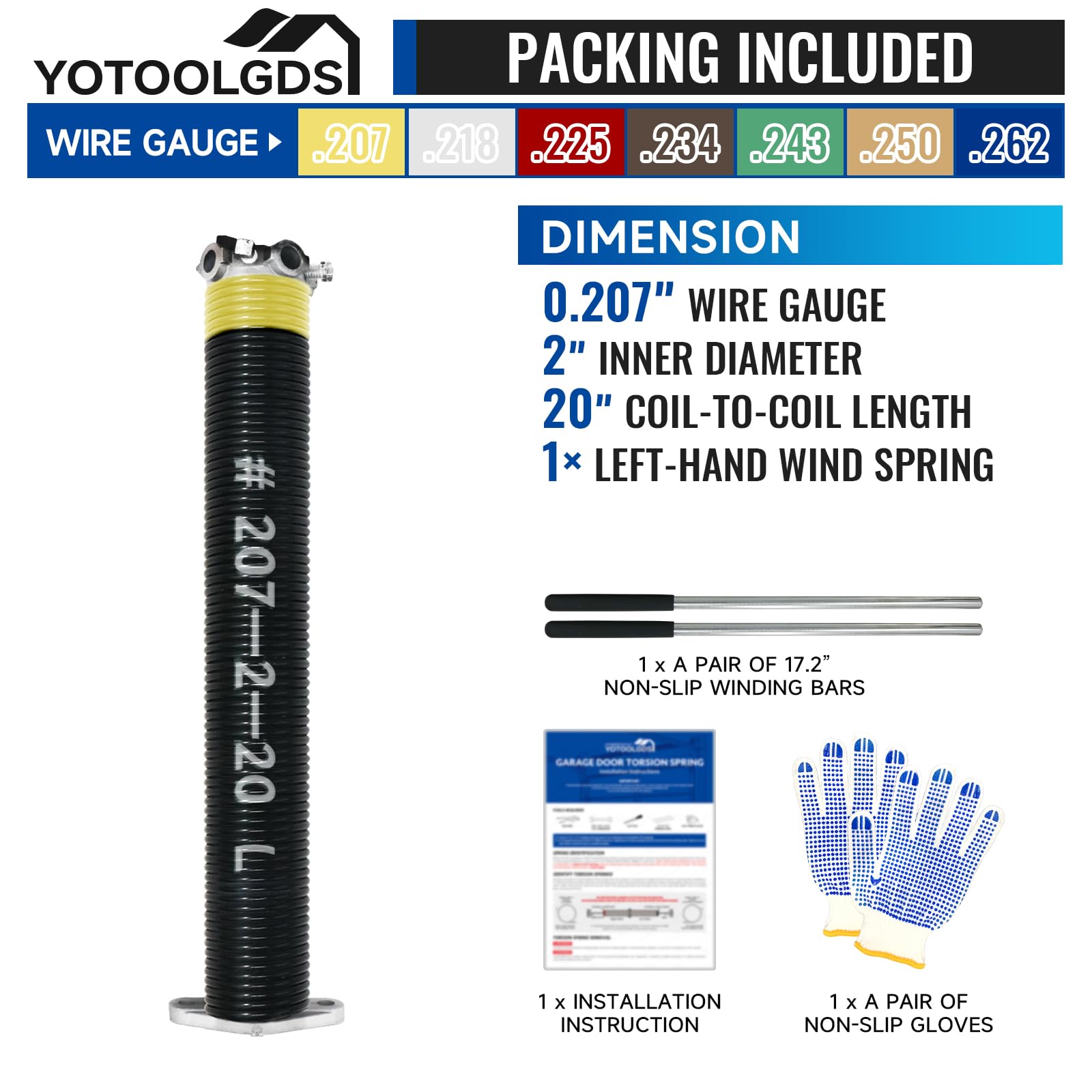 YoToolGDS Left Hand Wind(Black Cone)2" Garage Door Torsion Spring with Non-Slip Winding Bars & Gloves, High Precision Electrophoresis Black Coated, for Replacement, MIN 16,000 Cycles (0.207x2''x20'')