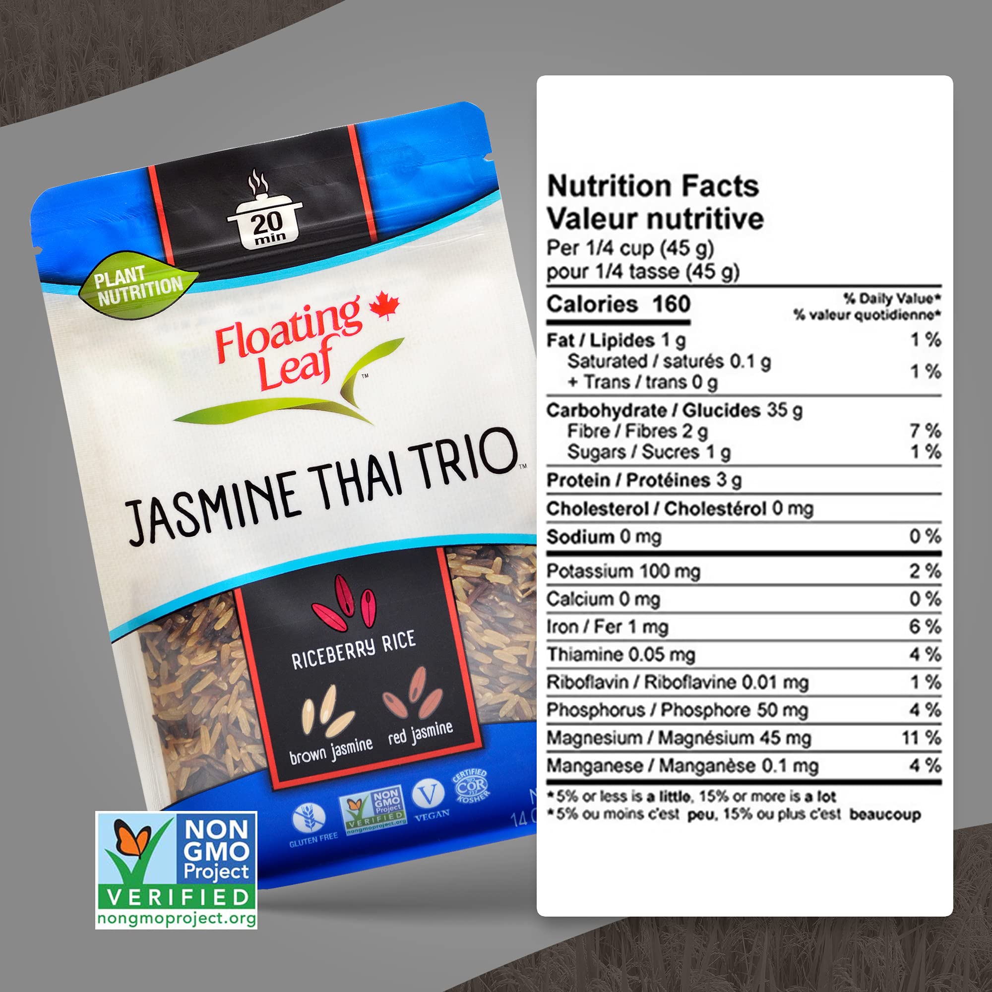 3 Packs x 14 ounces Jasmine Thai Trio, Riceberry Rice (Jasmine Black Rice), Brown Jasmine Rice and Red Jasmine Rice, Non Gluten, Non-Gmo, Kosher and Vegan - Floating Leaf