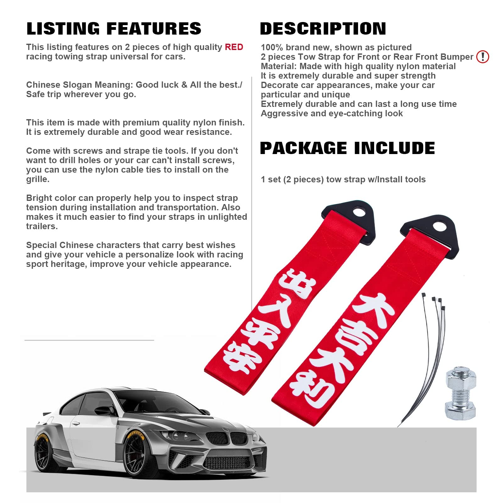 Xotic Tech Tow Strap JDM Sports Red Racing Tow Strap Car Modification Decorative Trailer Belt Personalized with Chinese Slogan Fit for Rear Front Bumper (Good Luck/Safe Trip Wherever You go)
