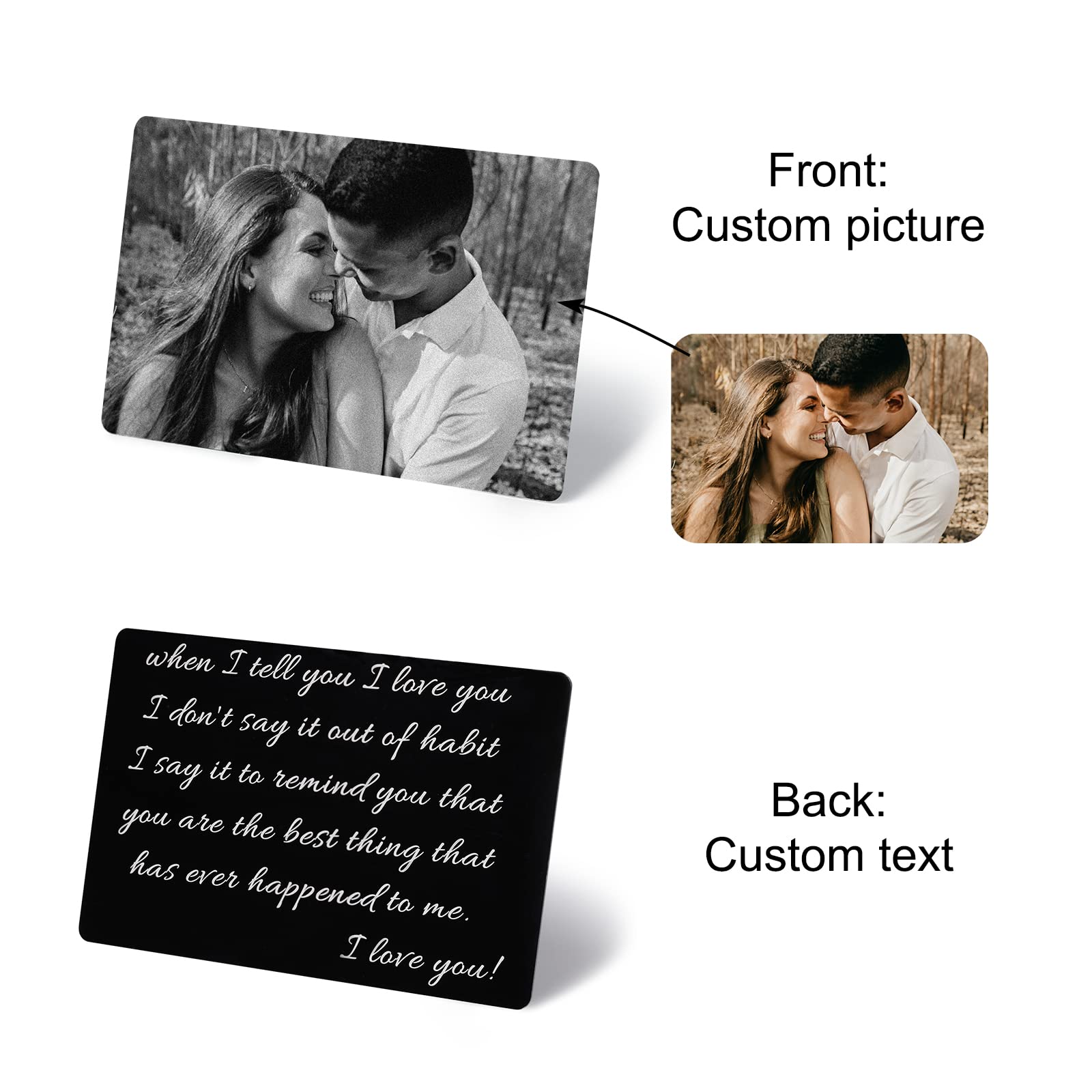 Nobelook Personalized Metal Wallet Photo Card Two Sides Custom Engraved Text Message Wallet Card Insert Gifts (Black)