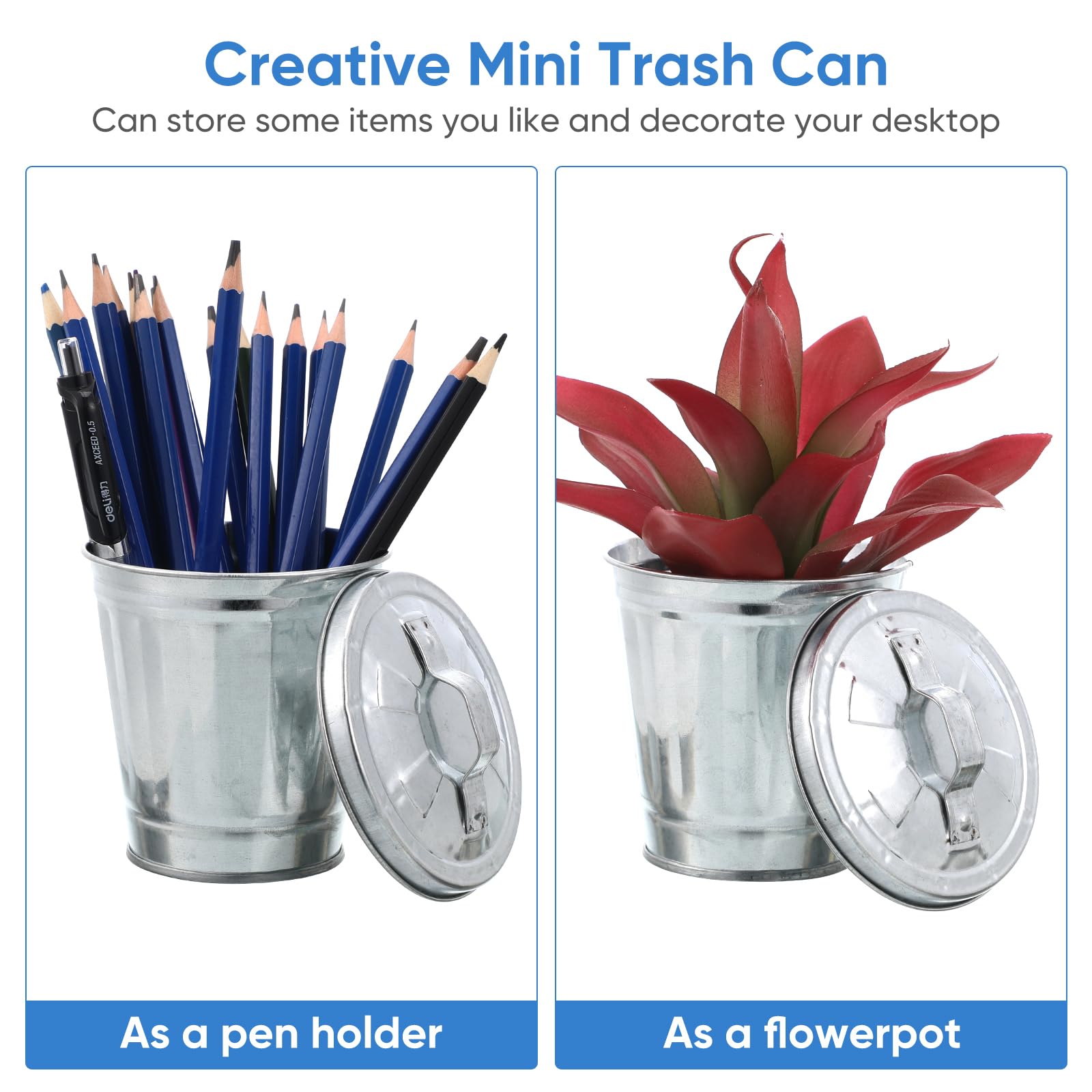 jojofuny Desktop Garbage Bin Mini Trash Can Iron Garbage Can Pencil Cup Holder Mini Wastebasket Trash Can Garbage Holder Flower Pot for Home Kitchen Office Silver