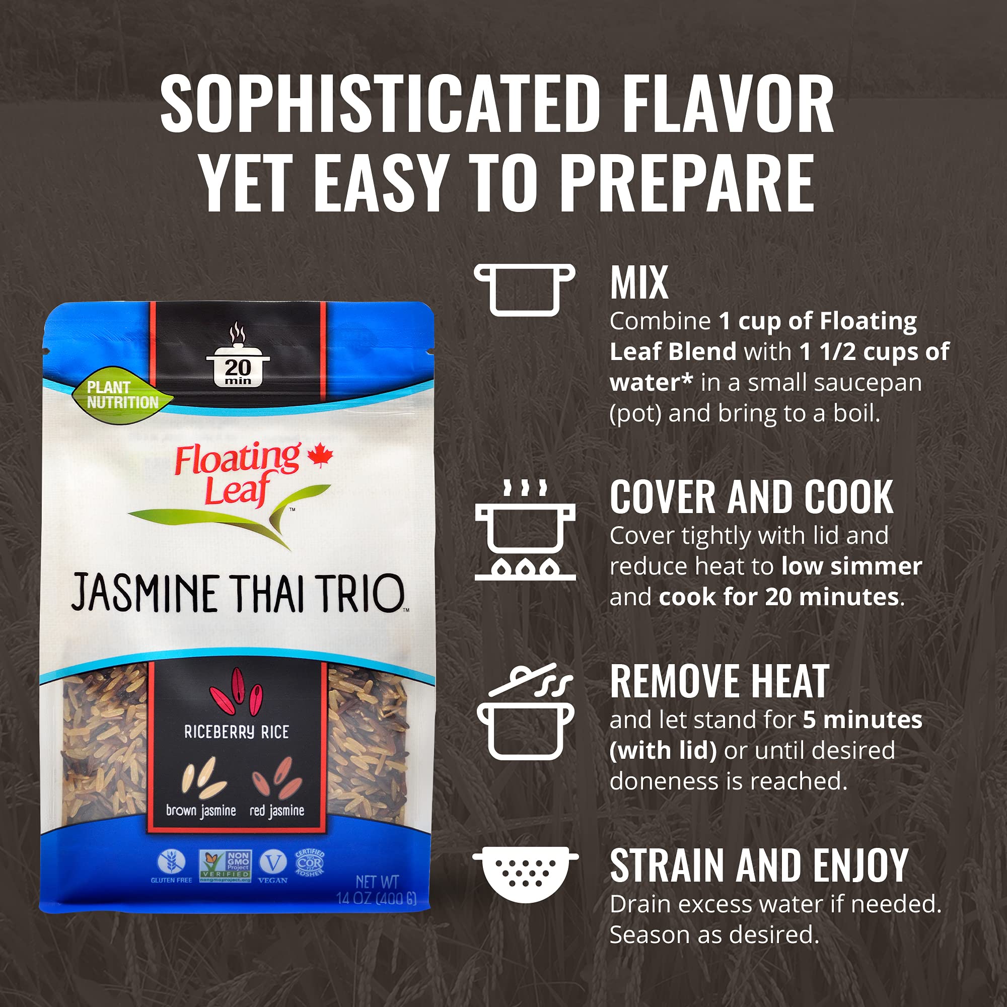 3 Packs x 14 ounces Jasmine Thai Trio, Riceberry Rice (Jasmine Black Rice), Brown Jasmine Rice and Red Jasmine Rice, Non Gluten, Non-Gmo, Kosher and Vegan - Floating Leaf
