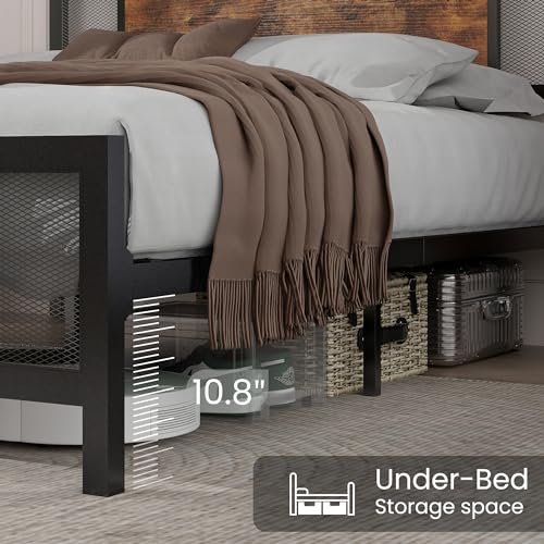 LARMACE Full Size Bed Frame Wooden Platform Bed with Headboard and Footboard Industrial Bed Frame with Metal Slats Support, No Box Spring Needed, Rustic Brown