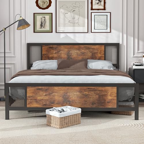 LARMACE Full Size Bed Frame Wooden Platform Bed with Headboard and Footboard Industrial Bed Frame with Metal Slats Support, No Box Spring Needed, Rustic Brown