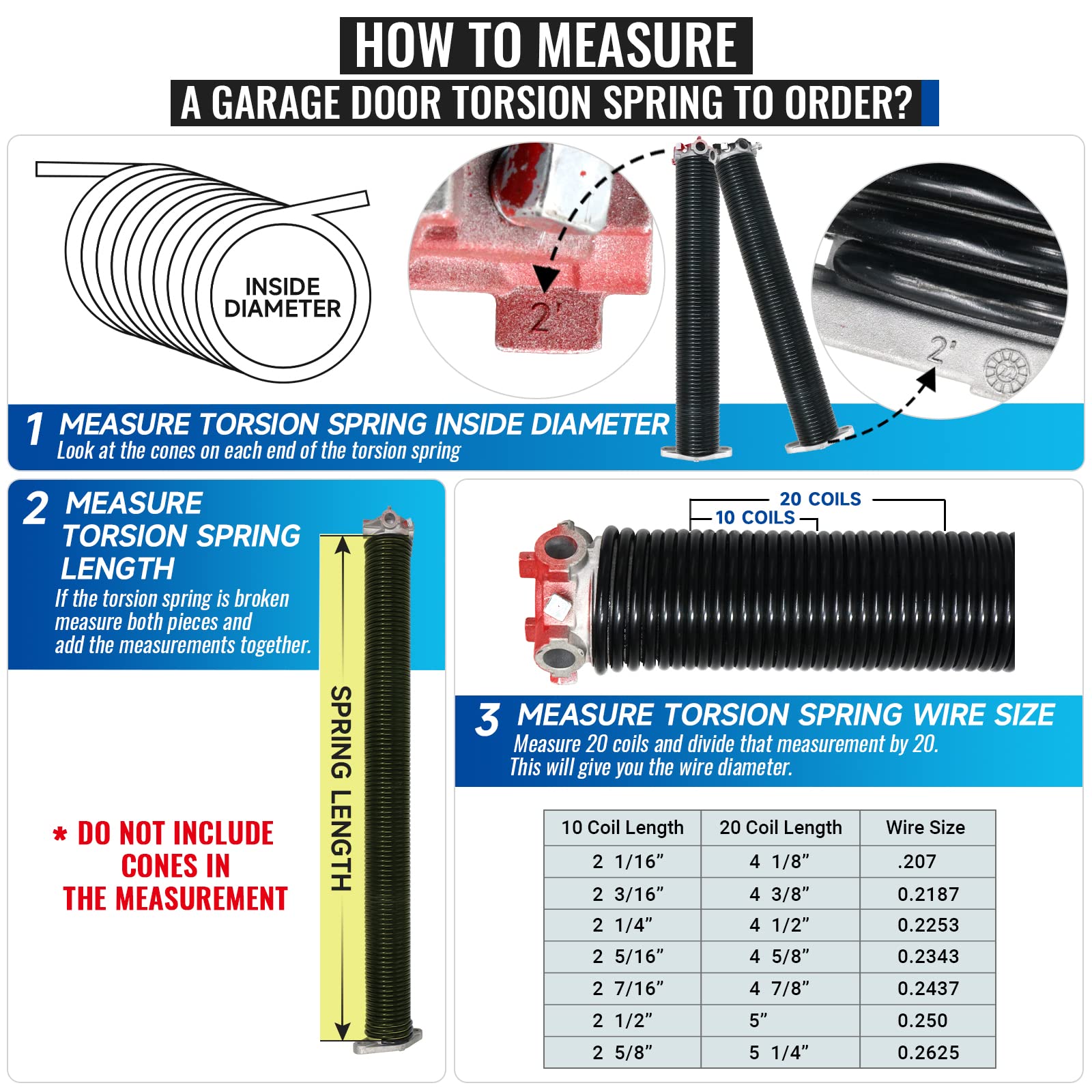 YoToolGDS Left Hand Wind(Black Cone)2" Garage Door Torsion Spring with Non-Slip Winding Bars & Gloves, High Precision Electrophoresis Black Coated, for Replacement, MIN 16,000 Cycles (0.207x2''x20'')