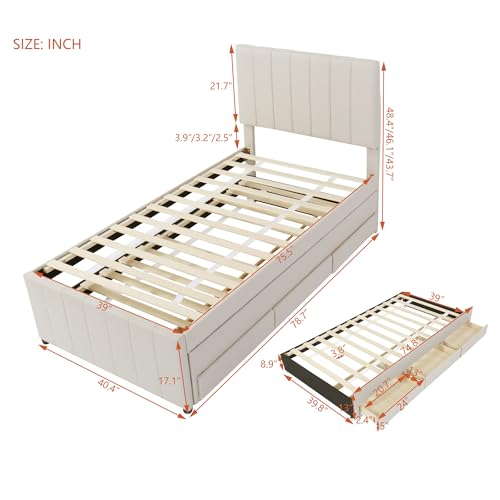 Twin Size Upholstered Platform Bed with Trundle and 3 Drawers, Linen Fabric Platform Bed with Headboard and Wooden Slat Support for Kids Boys Girls Teens, Easy Assembly (Beige + Linen-N11)