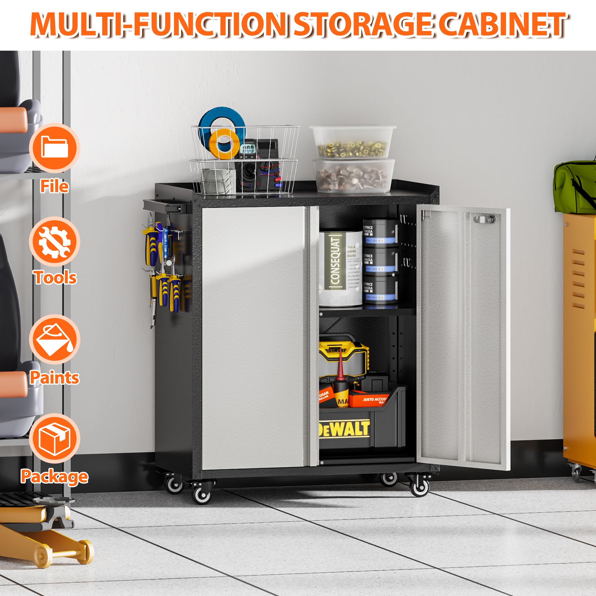 Aobabo 31.5" H Metal Storage Cabinet with Wheels, Locking Steel Rolling Tools Chest with Handle, Garage Tool Storage Cabinet with 1 Shelves 2 Side Pegboards and 4 Hooks,Assembly Required, Black Grey