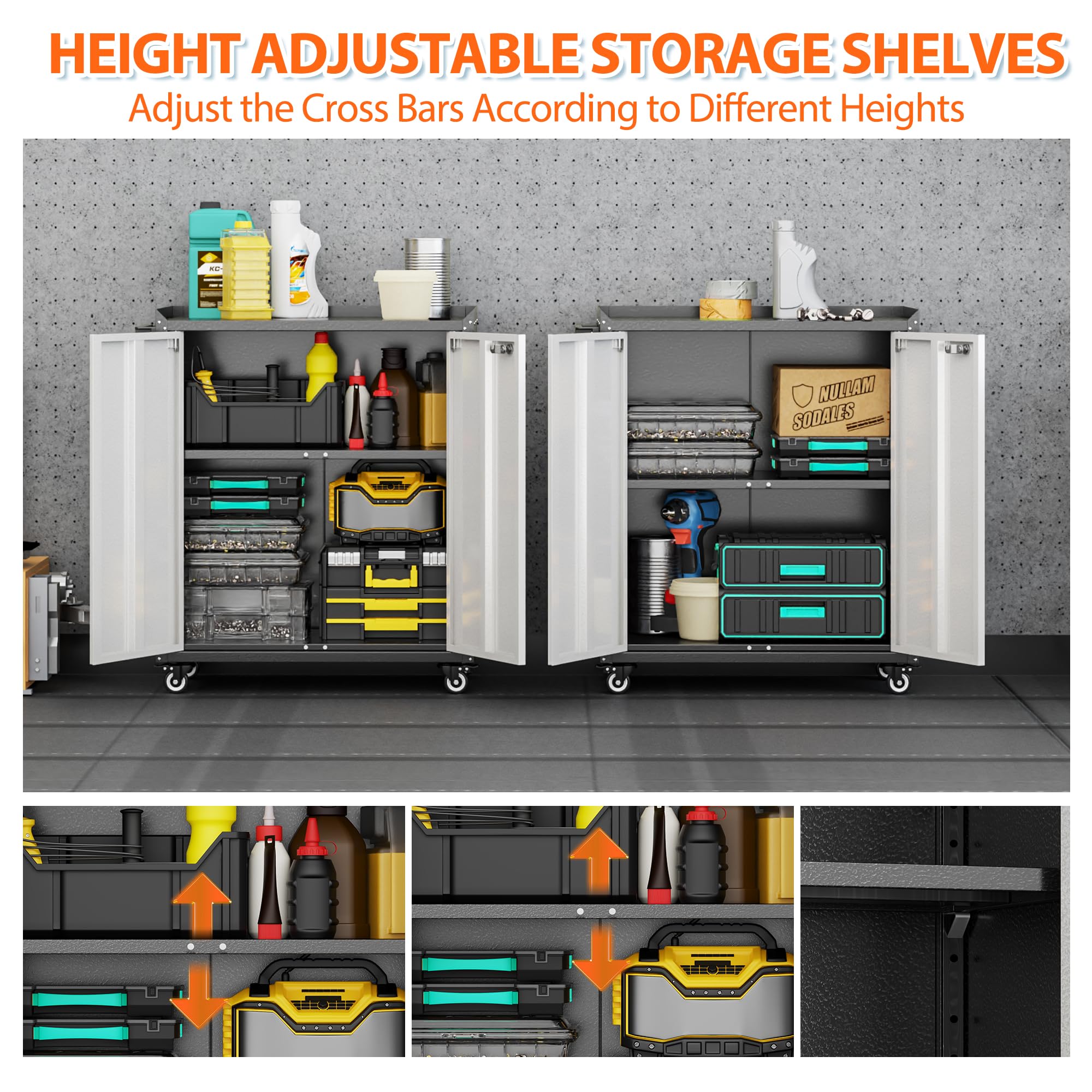 Aobabo 31.5" H Metal Storage Cabinet with Wheels, Locking Steel Rolling Tools Chest with Handle, Garage Tool Storage Cabinet with 1 Shelves 2 Side Pegboards and 4 Hooks,Assembly Required, Black Grey