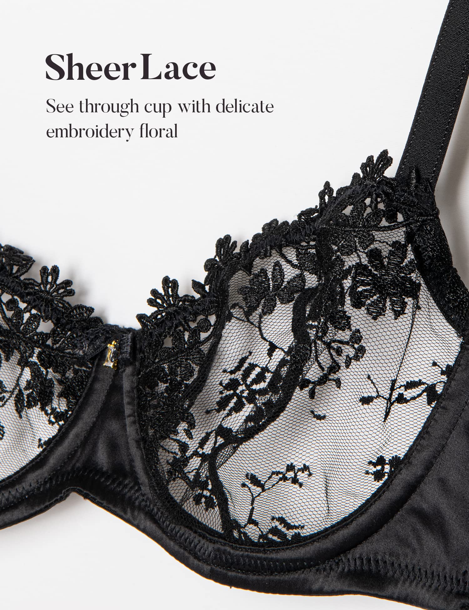 Wingslove Women's Sexy Lace Bra Demi Sheer Mesh Balconette See Through Bralette Unlined Underwire Embroidered (Black,34DD)