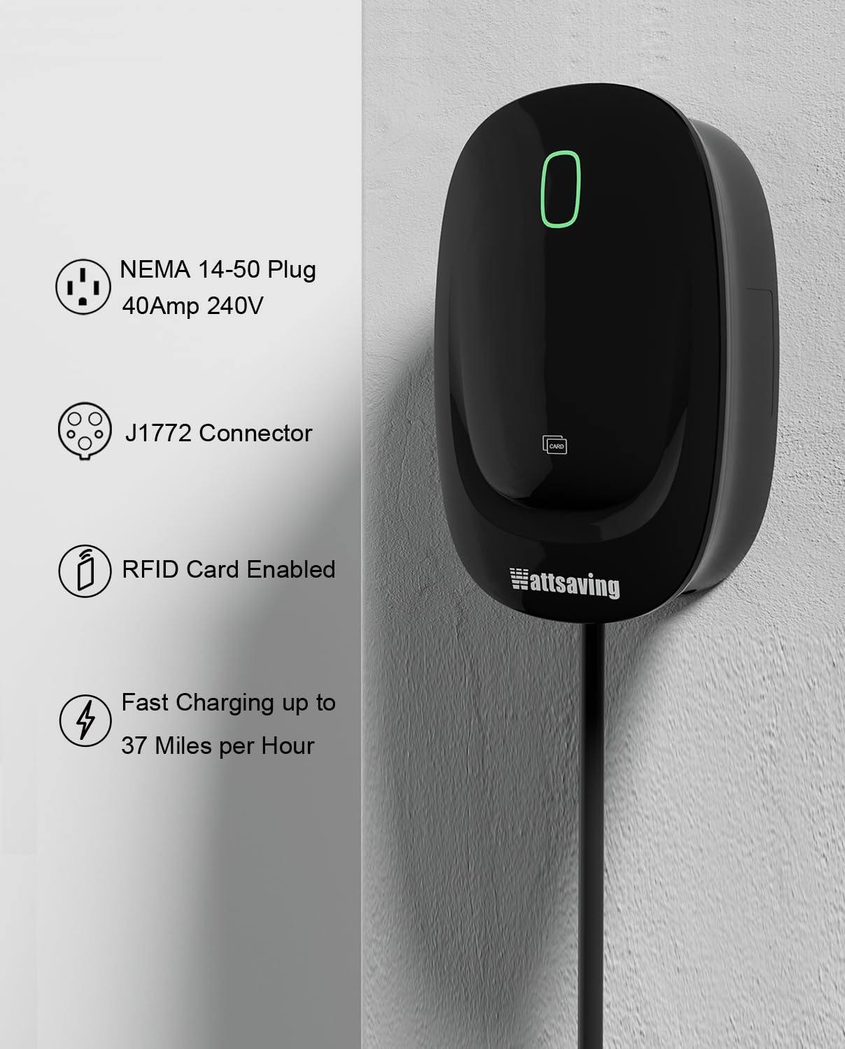 Wattsaving Level 2 EV Charger - 240 Volt up to 40 Amp Electric Vehicle Charging Station with NEMA 14-50 Plug and 24.6 Ft Cable, Black