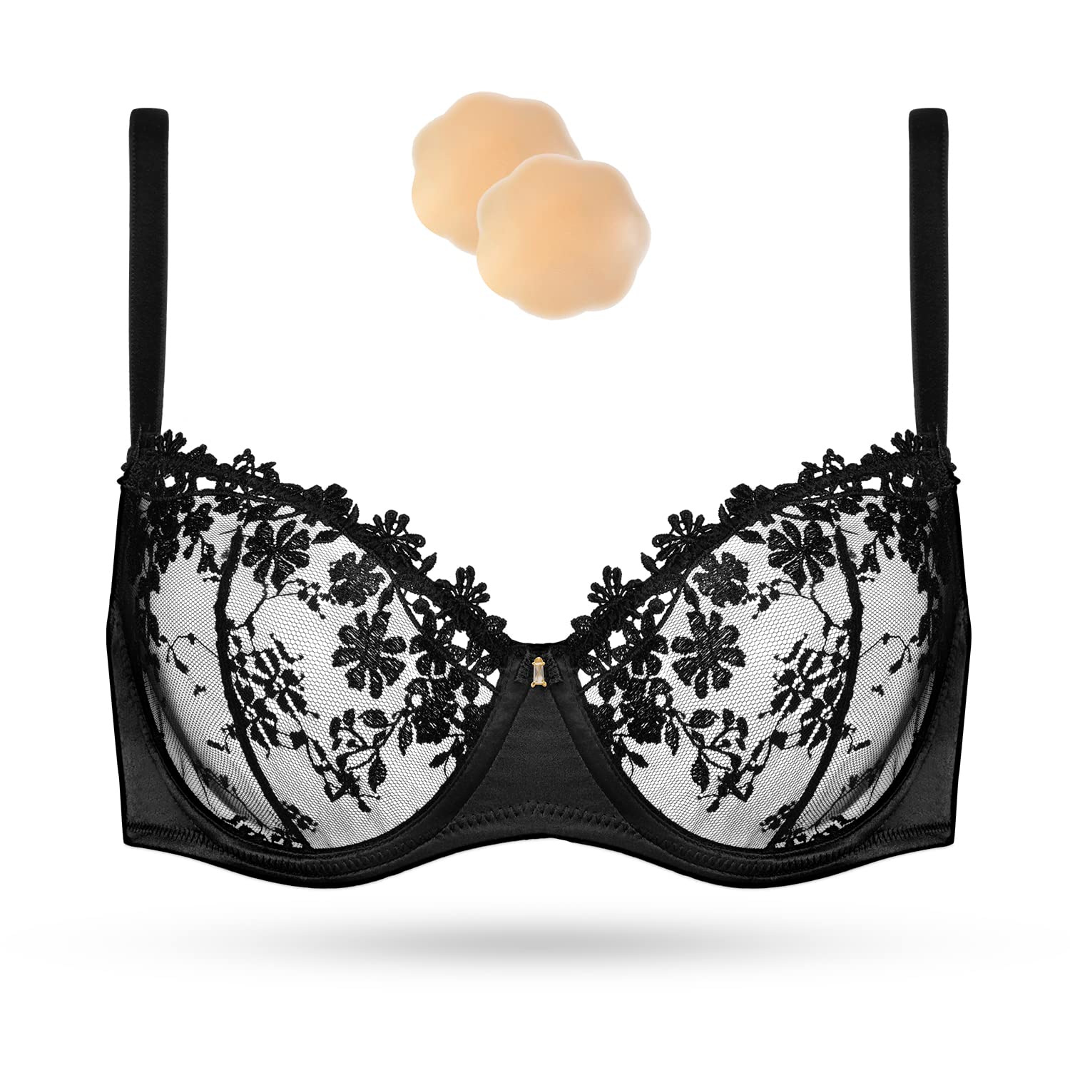 Wingslove Women's Sexy Lace Bra Demi Sheer Mesh Balconette See Through Bralette Unlined Underwire Embroidered (Black,34DD)