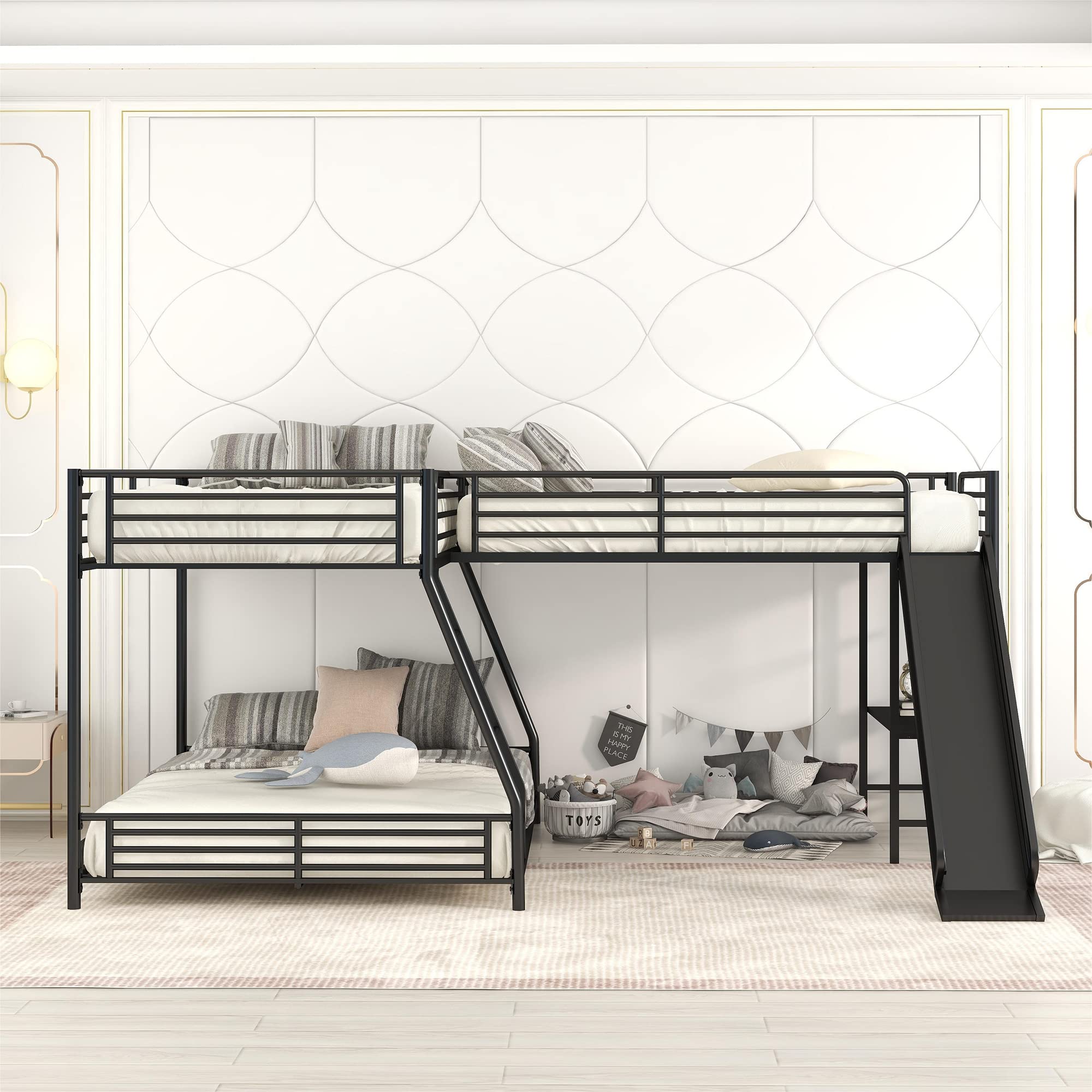 POCIYIHOME L-Shaped Twin Over Full Bunk Bed with Twin Size Loft Bed, Metal Bunk Bed with Built-in Desk and Slide & Ladder, Space-Saving Design for Kids,Teens, No Box Spring Needed, Black