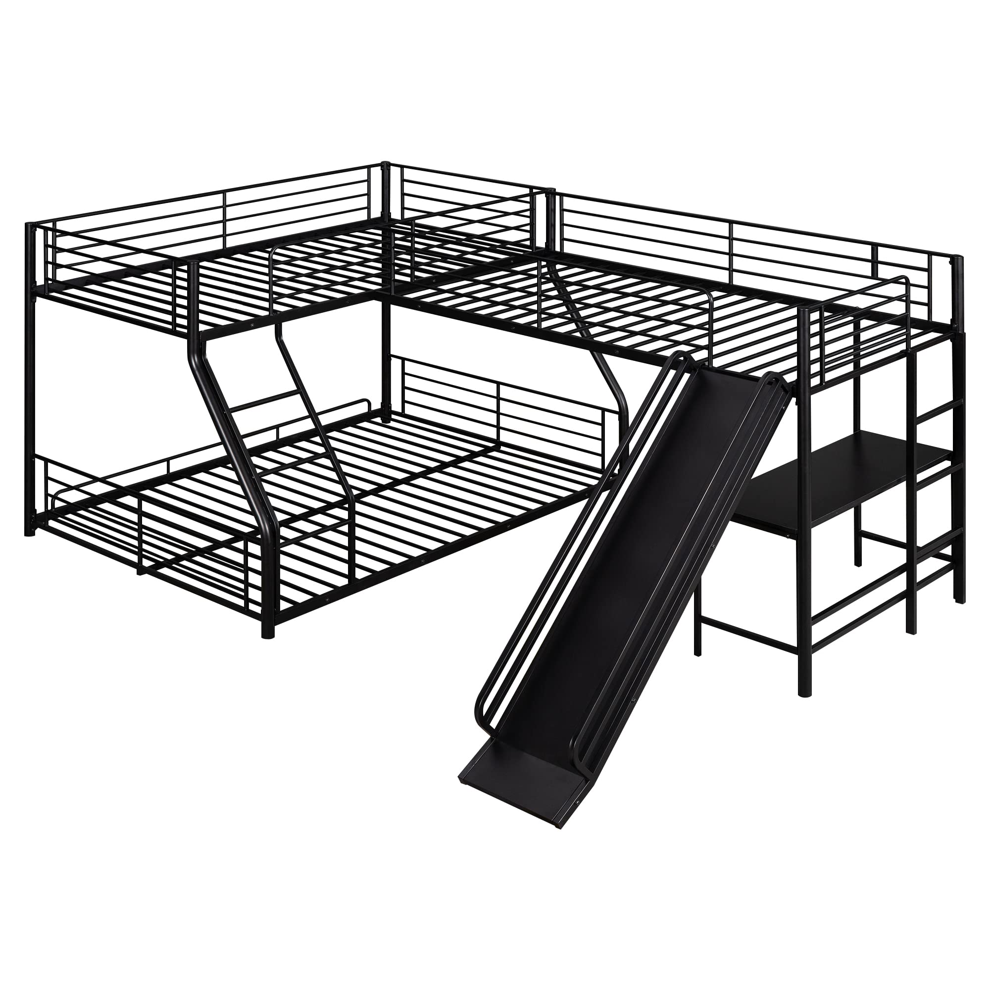 POCIYIHOME L-Shaped Twin Over Full Bunk Bed with Twin Size Loft Bed, Metal Bunk Bed with Built-in Desk and Slide & Ladder, Space-Saving Design for Kids,Teens, No Box Spring Needed, Black