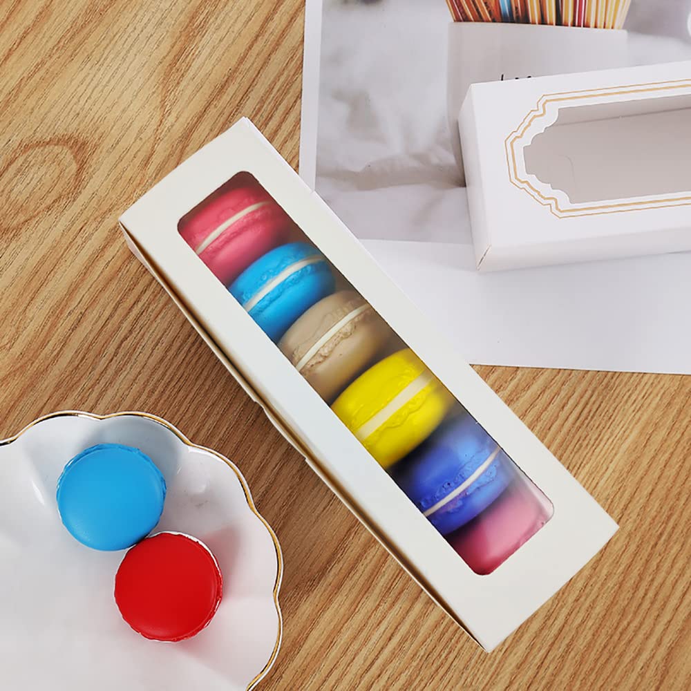 Chneeu 30 Pack Macaron Boxes Macaron Packaging Box with Window Long Pastry Cookie Boxes Dessert Boxes Small Treat Boxes Rectangle Cookie Boxes Strawberry Boxes, white