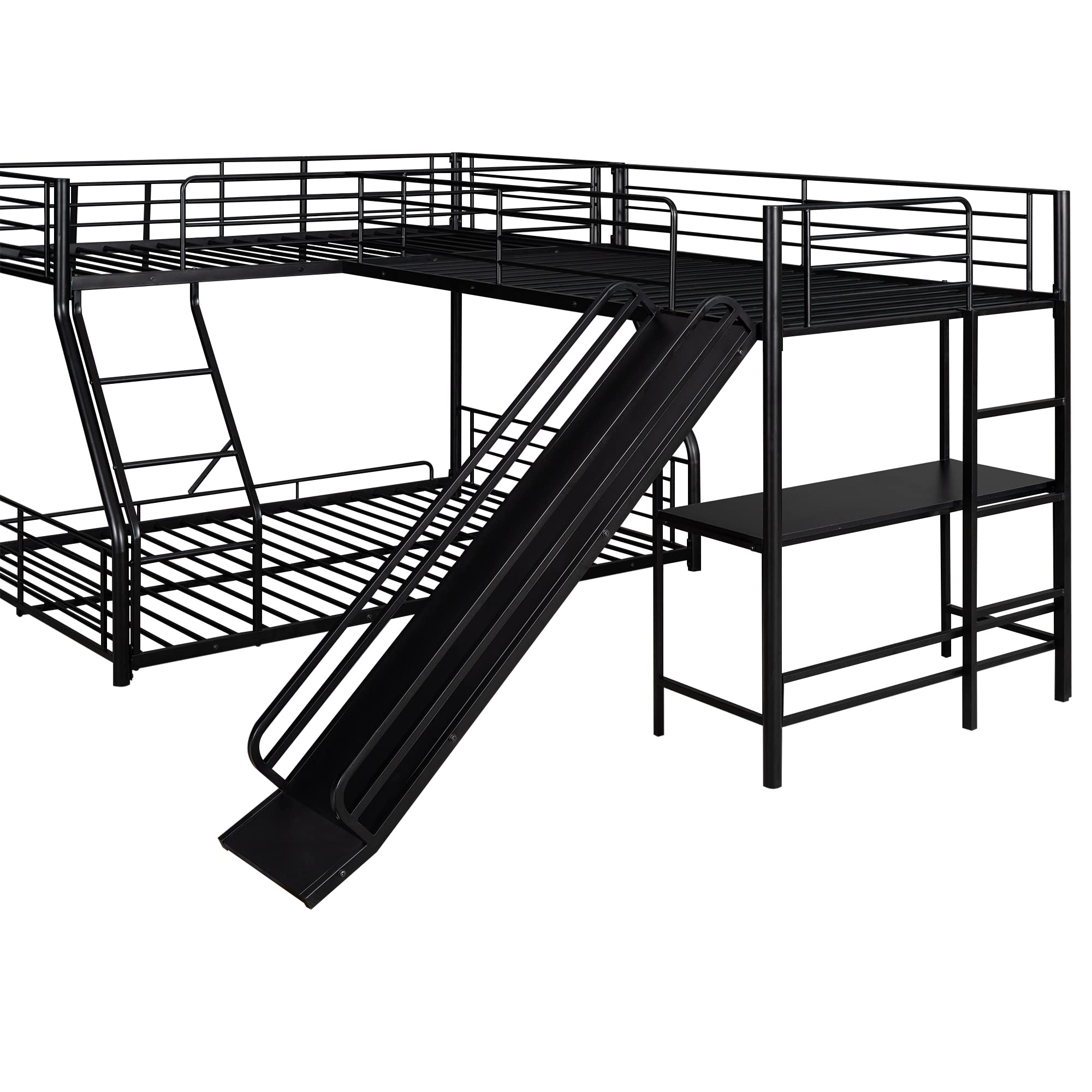 POCIYIHOME L-Shaped Twin Over Full Bunk Bed with Twin Size Loft Bed, Metal Bunk Bed with Built-in Desk and Slide & Ladder, Space-Saving Design for Kids,Teens, No Box Spring Needed, Black