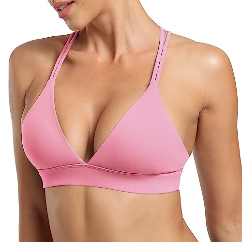 YEOREO Sports Bra for Women V-Neck Strappy Criss-Cross Back Yoga Bra Padded Fitness Crop Top Candy Powder XS