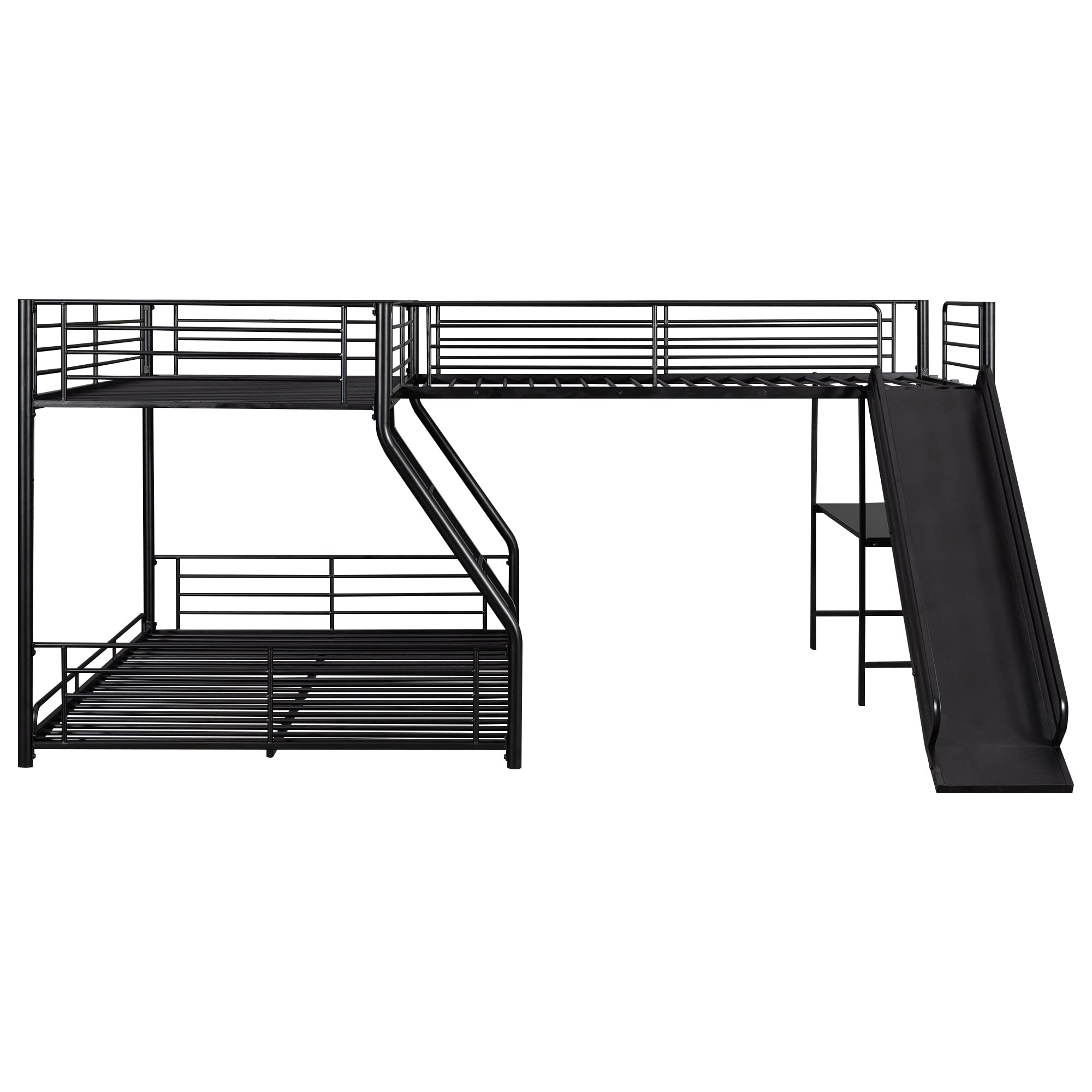 POCIYIHOME L-Shaped Twin Over Full Bunk Bed with Twin Size Loft Bed, Metal Bunk Bed with Built-in Desk and Slide & Ladder, Space-Saving Design for Kids,Teens, No Box Spring Needed, Black