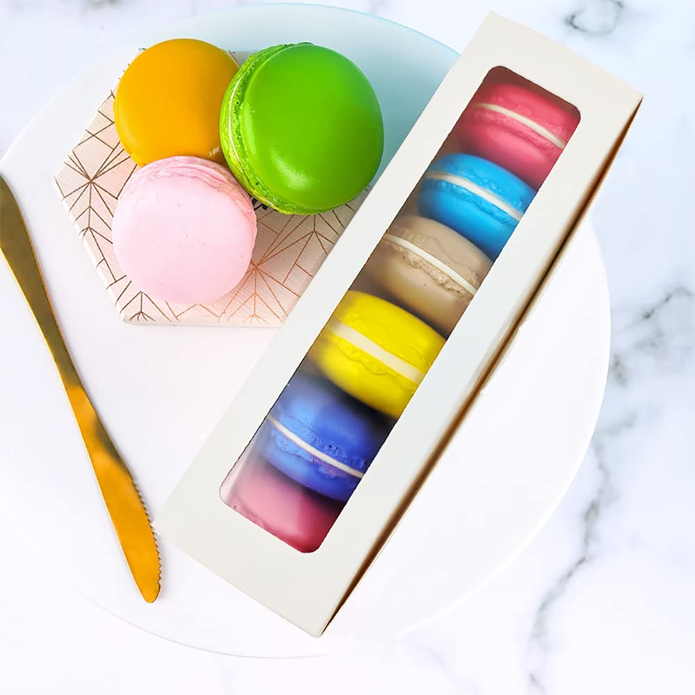 Chneeu 30 Pack Macaron Boxes Macaron Packaging Box with Window Long Pastry Cookie Boxes Dessert Boxes Small Treat Boxes Rectangle Cookie Boxes Strawberry Boxes, white