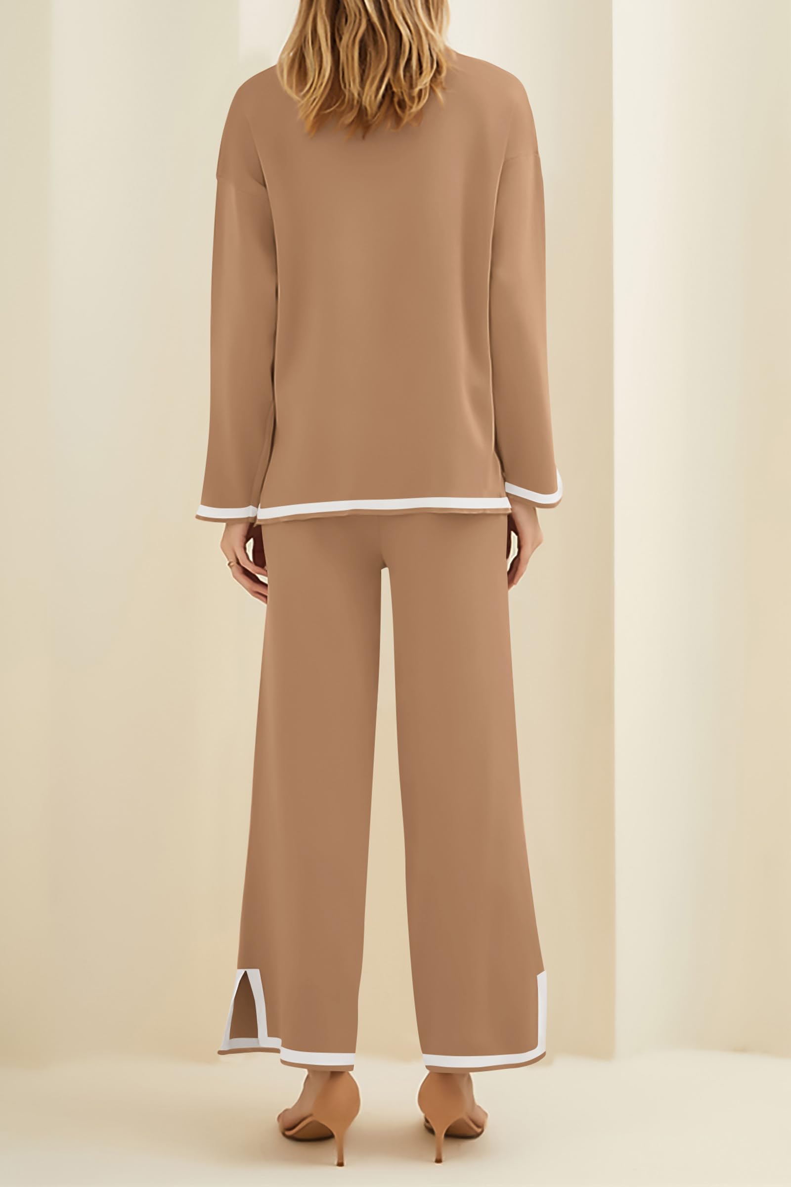 PRETTYGARDEN Women's 2 Piece Knit Sweater Set Casual Long Sleeve Pullover Wide Leg Pants Sweatsuit Tracksuit Outfit (Khaki,Large)