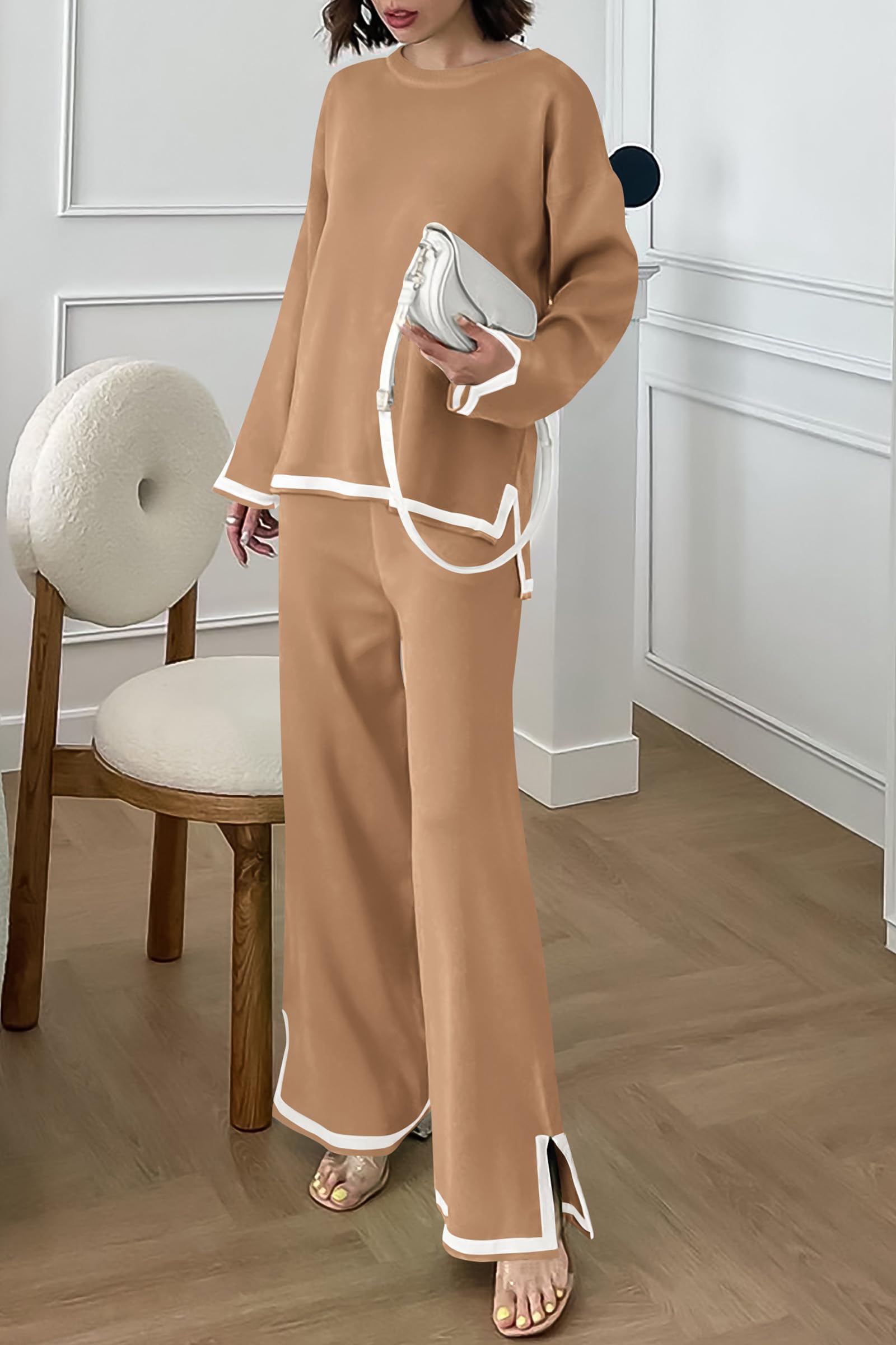 PRETTYGARDEN Women's 2 Piece Knit Sweater Set Casual Long Sleeve Pullover Wide Leg Pants Sweatsuit Tracksuit Outfit (Khaki,Large)