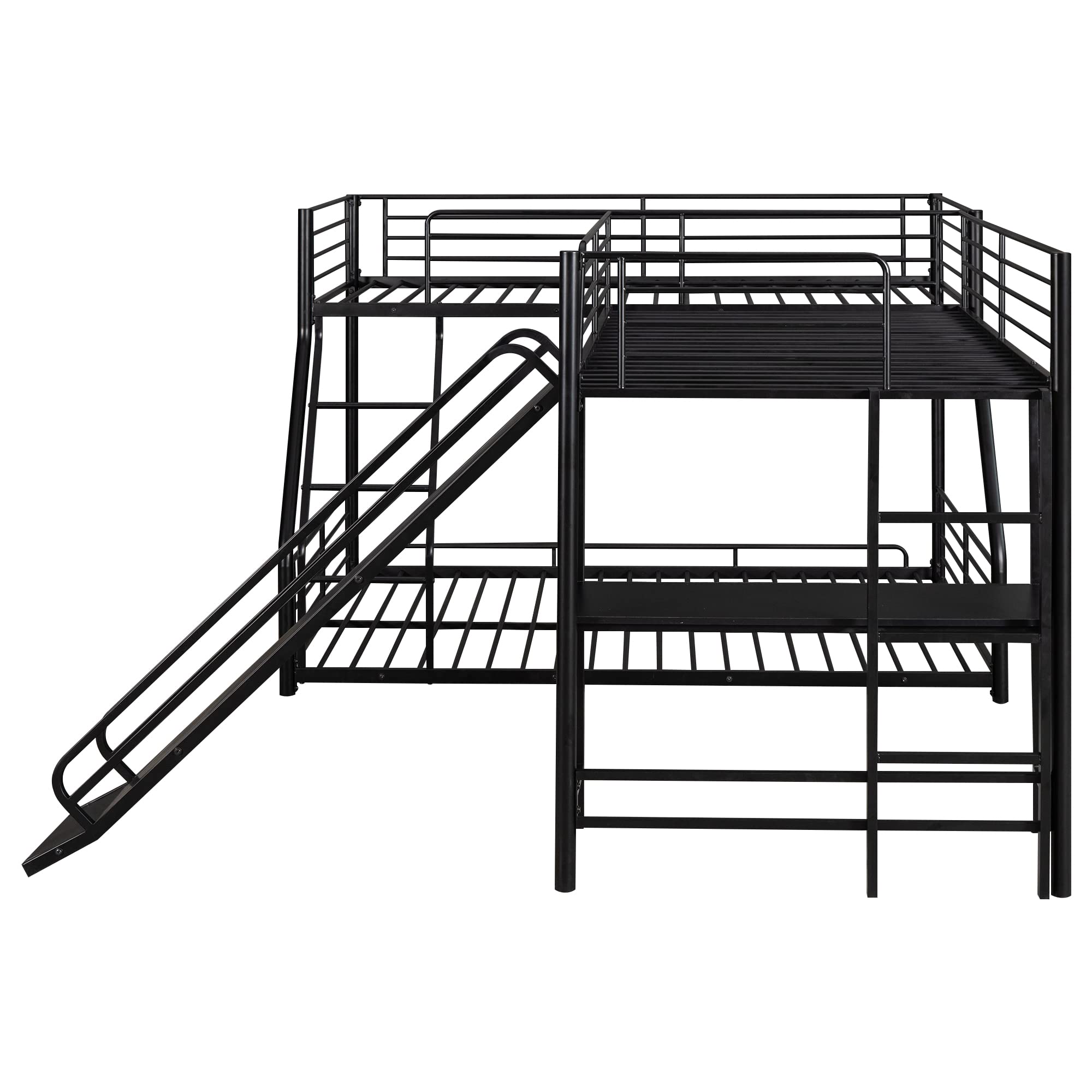 POCIYIHOME L-Shaped Twin Over Full Bunk Bed with Twin Size Loft Bed, Metal Bunk Bed with Built-in Desk and Slide & Ladder, Space-Saving Design for Kids,Teens, No Box Spring Needed, Black