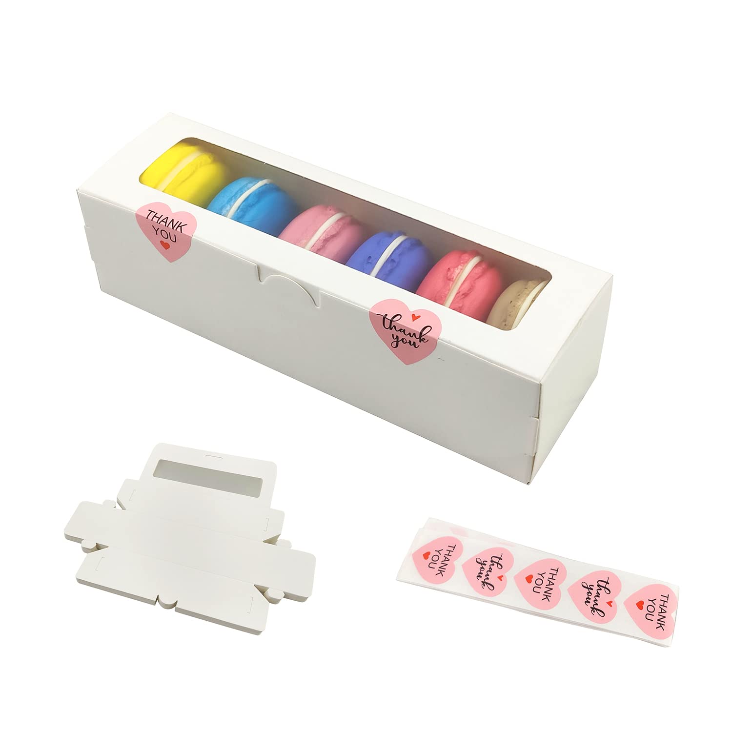 Chneeu 30 Pack Macaron Boxes Macaron Packaging Box with Window Long Pastry Cookie Boxes Dessert Boxes Small Treat Boxes Rectangle Cookie Boxes Strawberry Boxes, white