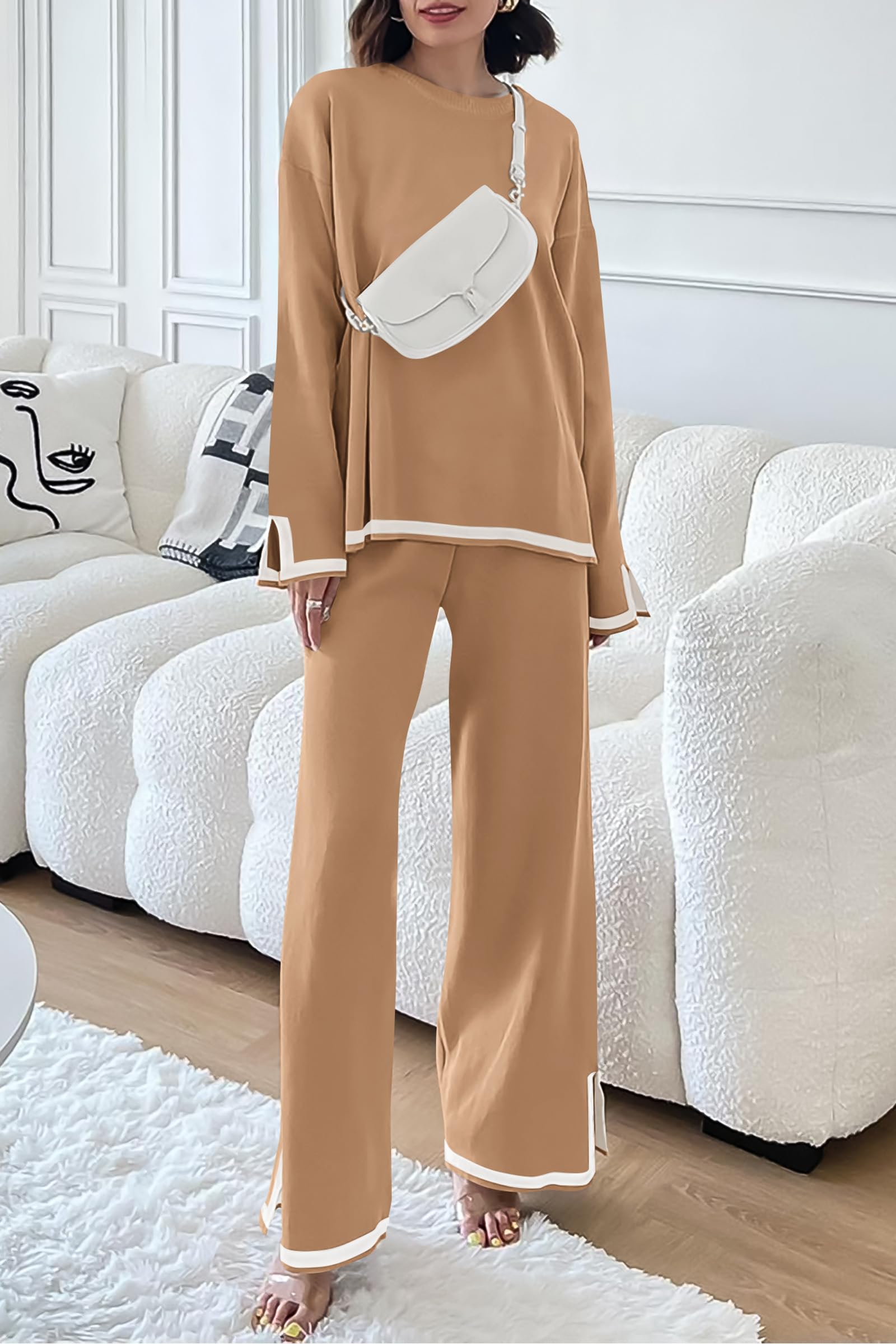 PRETTYGARDEN Women's 2 Piece Knit Sweater Set Casual Long Sleeve Pullover Wide Leg Pants Sweatsuit Tracksuit Outfit (Khaki,Large)
