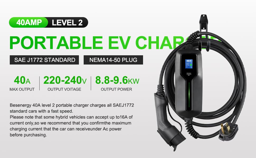 BESENERGY 40 Amp EV Charger Level 2 NEMA 14-50 220V-240V Upgraded J1772 Portable EV Charging Cable, 20 ft Electric Vehicle Charger Compatible with All EV Car