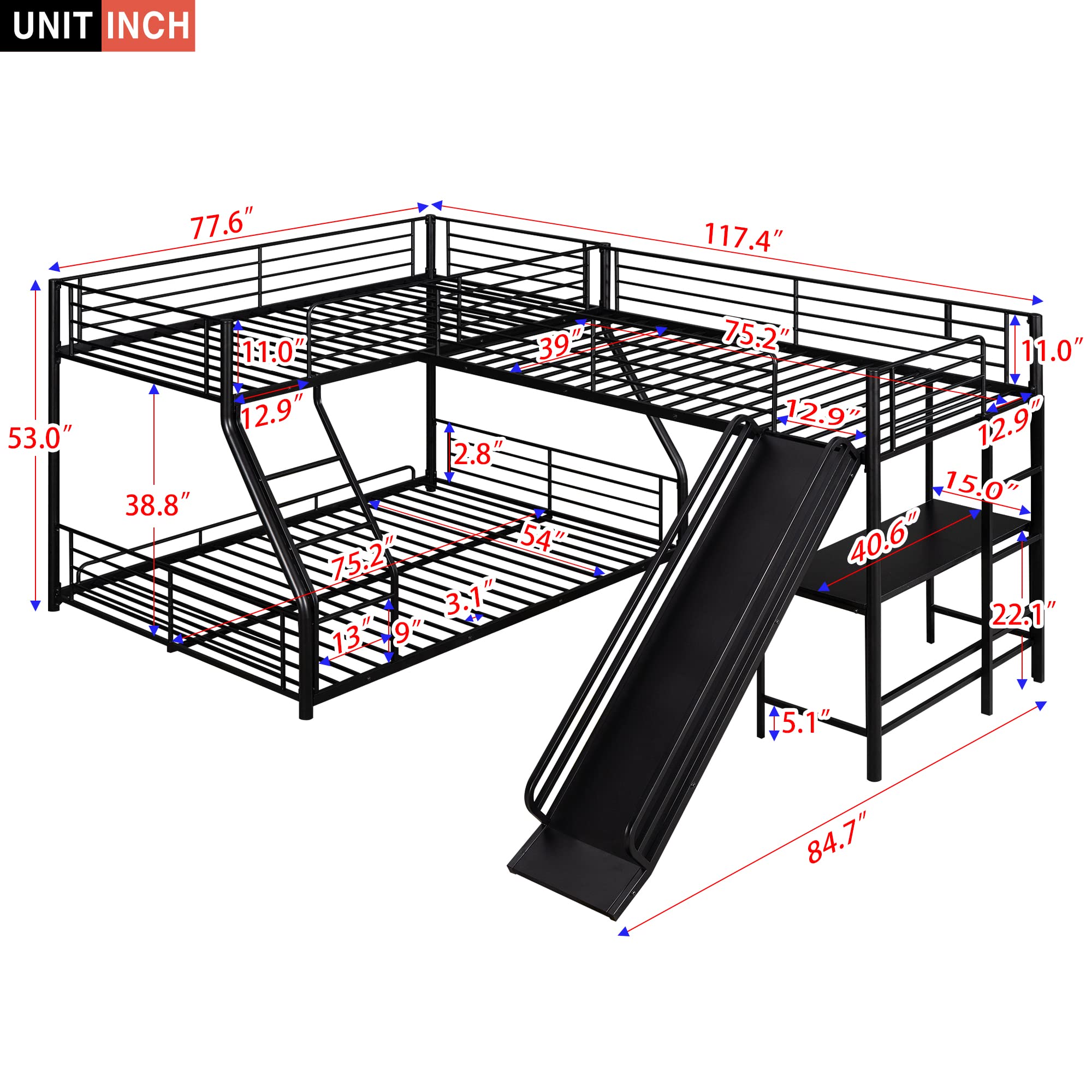 POCIYIHOME L-Shaped Twin Over Full Bunk Bed with Twin Size Loft Bed, Metal Bunk Bed with Built-in Desk and Slide & Ladder, Space-Saving Design for Kids,Teens, No Box Spring Needed, Black