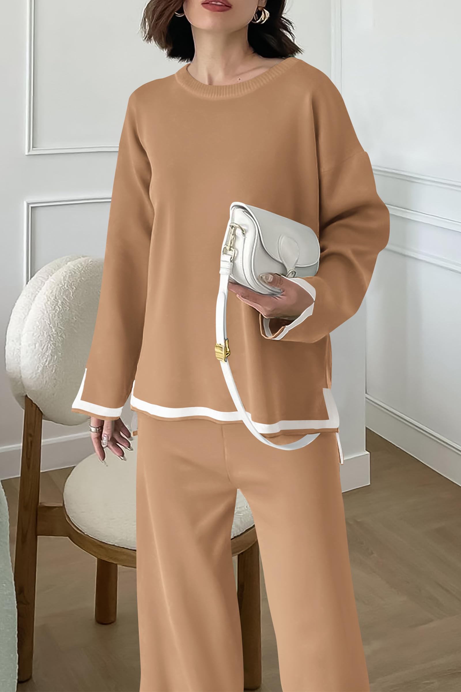 PRETTYGARDEN Women's 2 Piece Knit Sweater Set Casual Long Sleeve Pullover Wide Leg Pants Sweatsuit Tracksuit Outfit (Khaki,Large)
