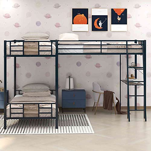 Cotoala Metal Triple Bunk Bed with Desk and Shelf, L-Shaped Bunkbed Attached Twin Size Loft Bedframe, for 3 Kids/Teens/Adults, Brown