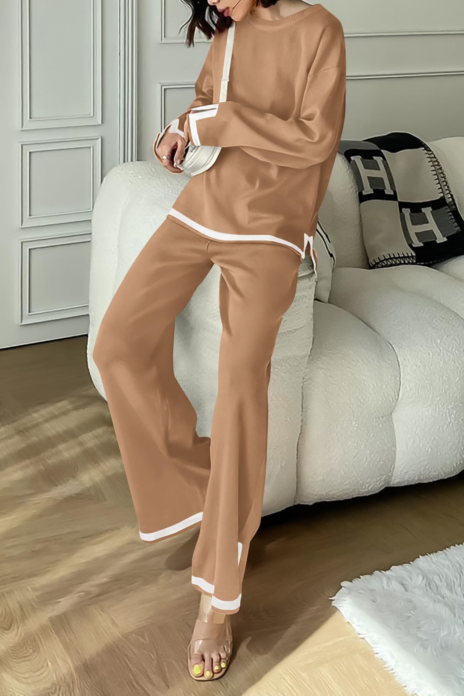 PRETTYGARDEN Women's 2 Piece Knit Sweater Set Casual Long Sleeve Pullover Wide Leg Pants Sweatsuit Tracksuit Outfit (Khaki,Large)