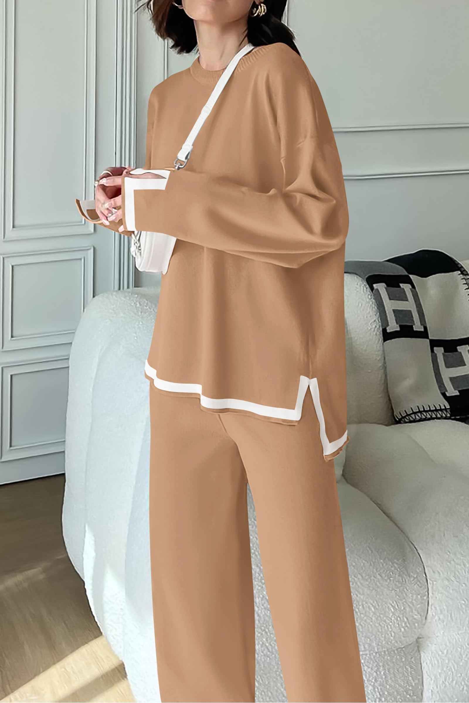PRETTYGARDEN Women's 2 Piece Knit Sweater Set Casual Long Sleeve Pullover Wide Leg Pants Sweatsuit Tracksuit Outfit (Khaki,Large)